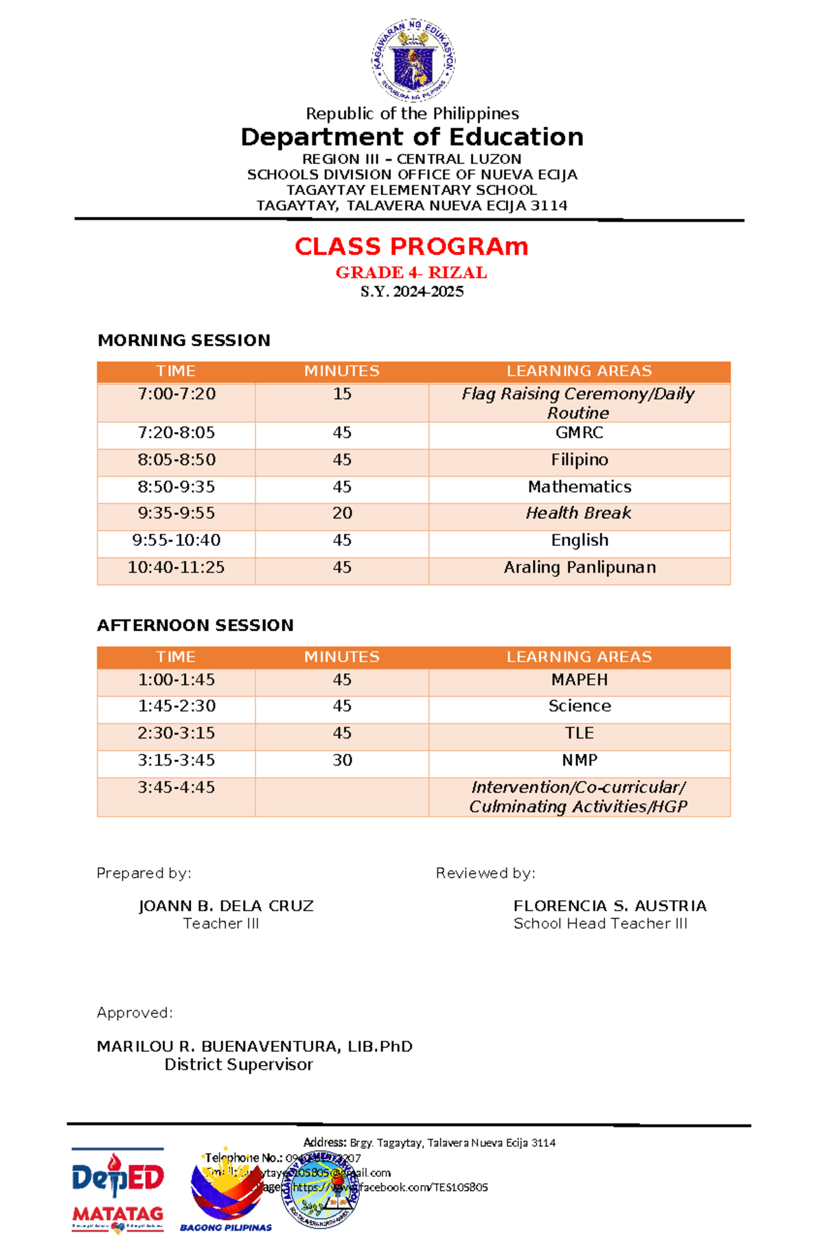 Class Program 2024 2025 - Department of Education REGION III – CENTRAL ...
