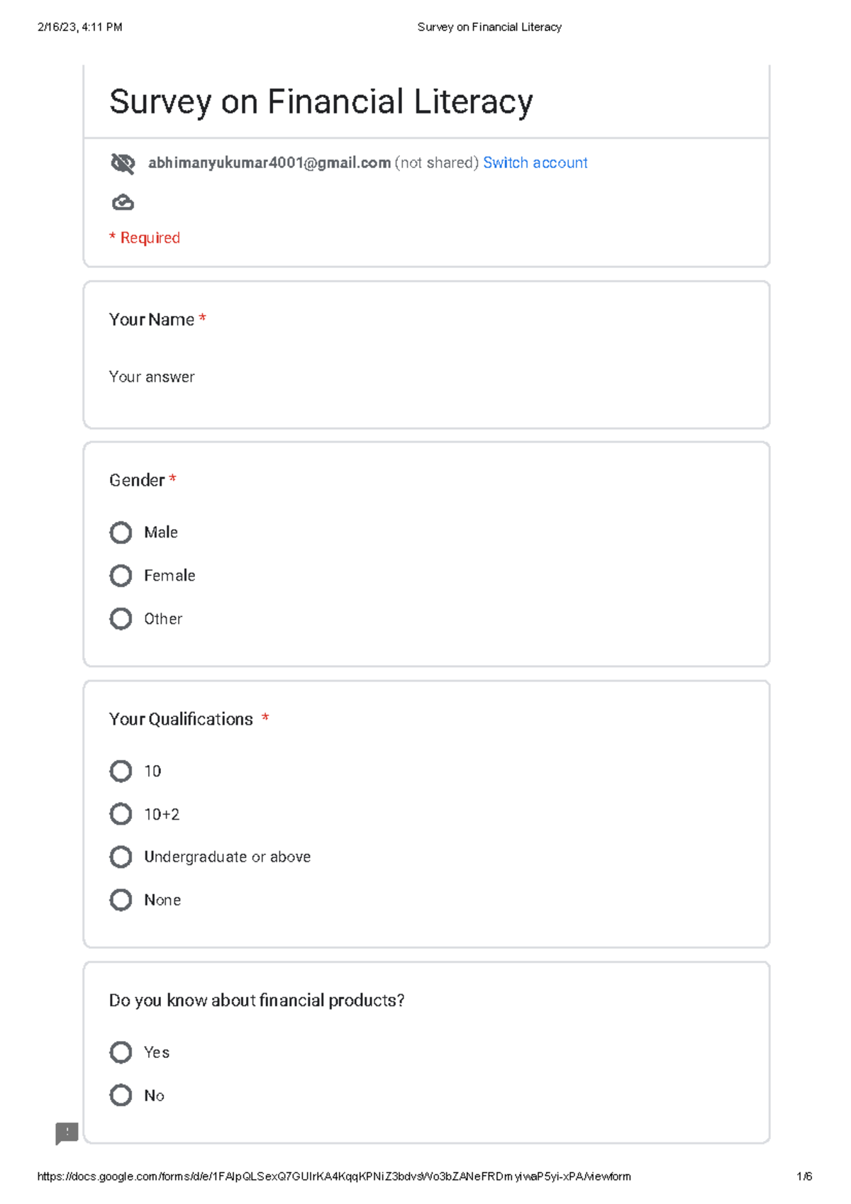 Survey on Financial Literacy - Male Female Other 10 10+ Undergraduate ...