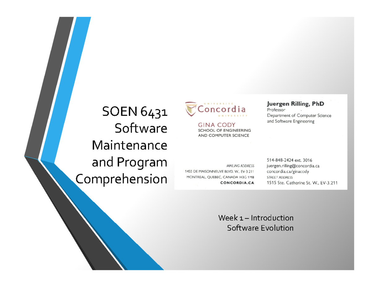 Lecture 1 - Intro Software Evolution and aging - SOEN 6431 Software Maintenance and Program ...