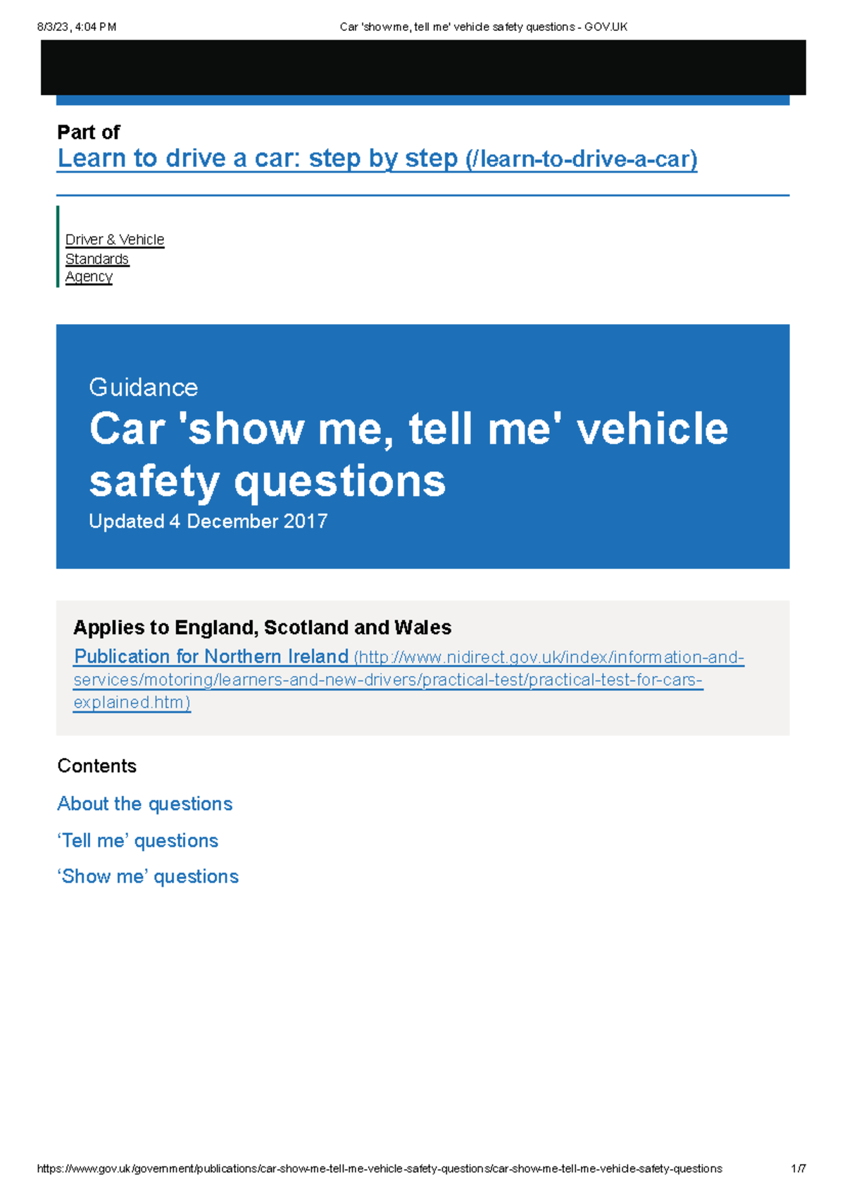 Car 'show me, tell me' vehicle safety questions - GOV - Guidance Car ...