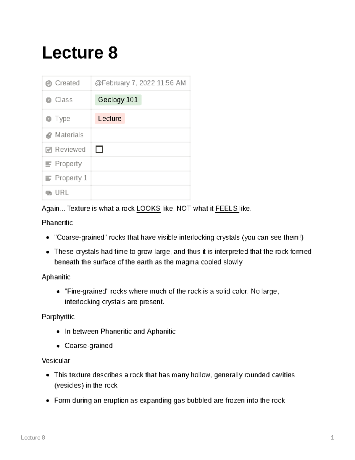 Geo Lecture 8 - Lecture 8 Created Class Geology 101 Type Lecture Materials Reviewed Property ...