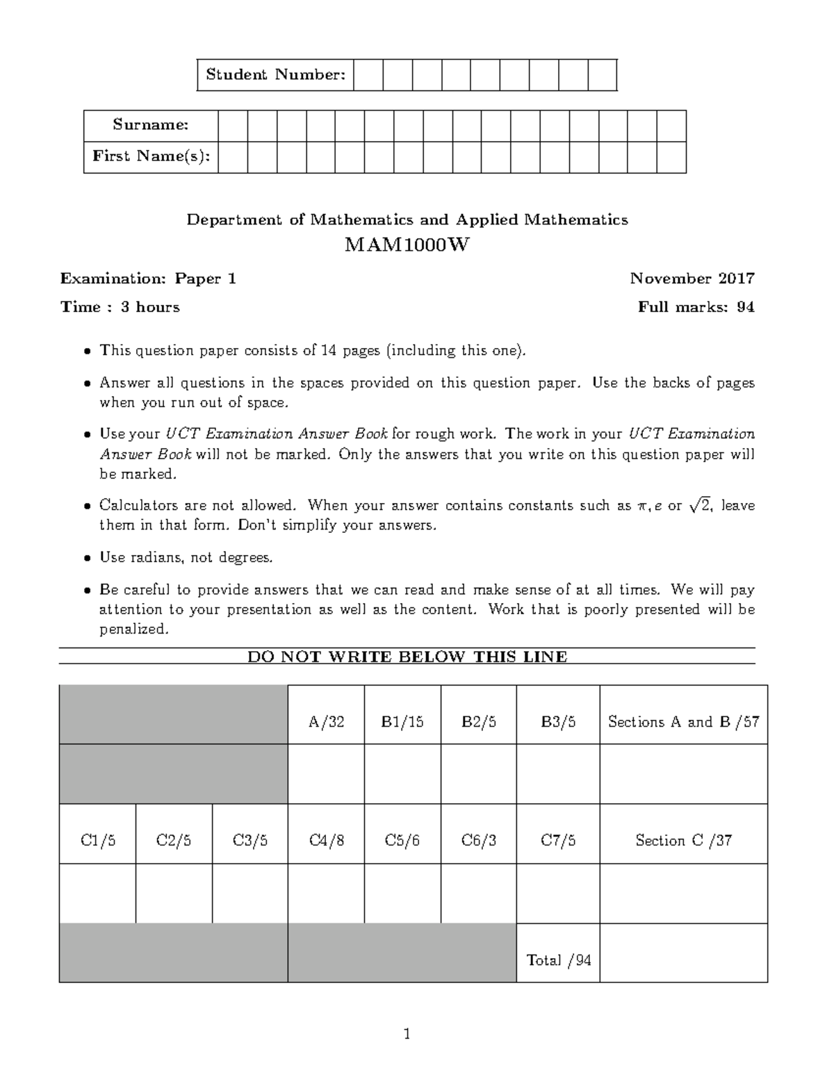 Exam paper 1 2017 - Mathematics - Surname: First Name(s): Department of ...