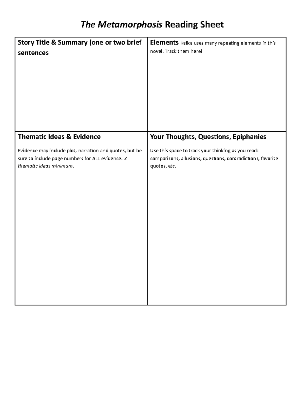 Kafkas Metamorphosis Reading Sheet - The Metamorphosis Reading Sheet ...