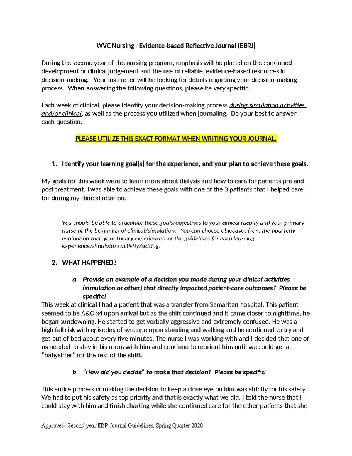 *Evidence-based Reflective Journal 2020 - Your instructor will be ...