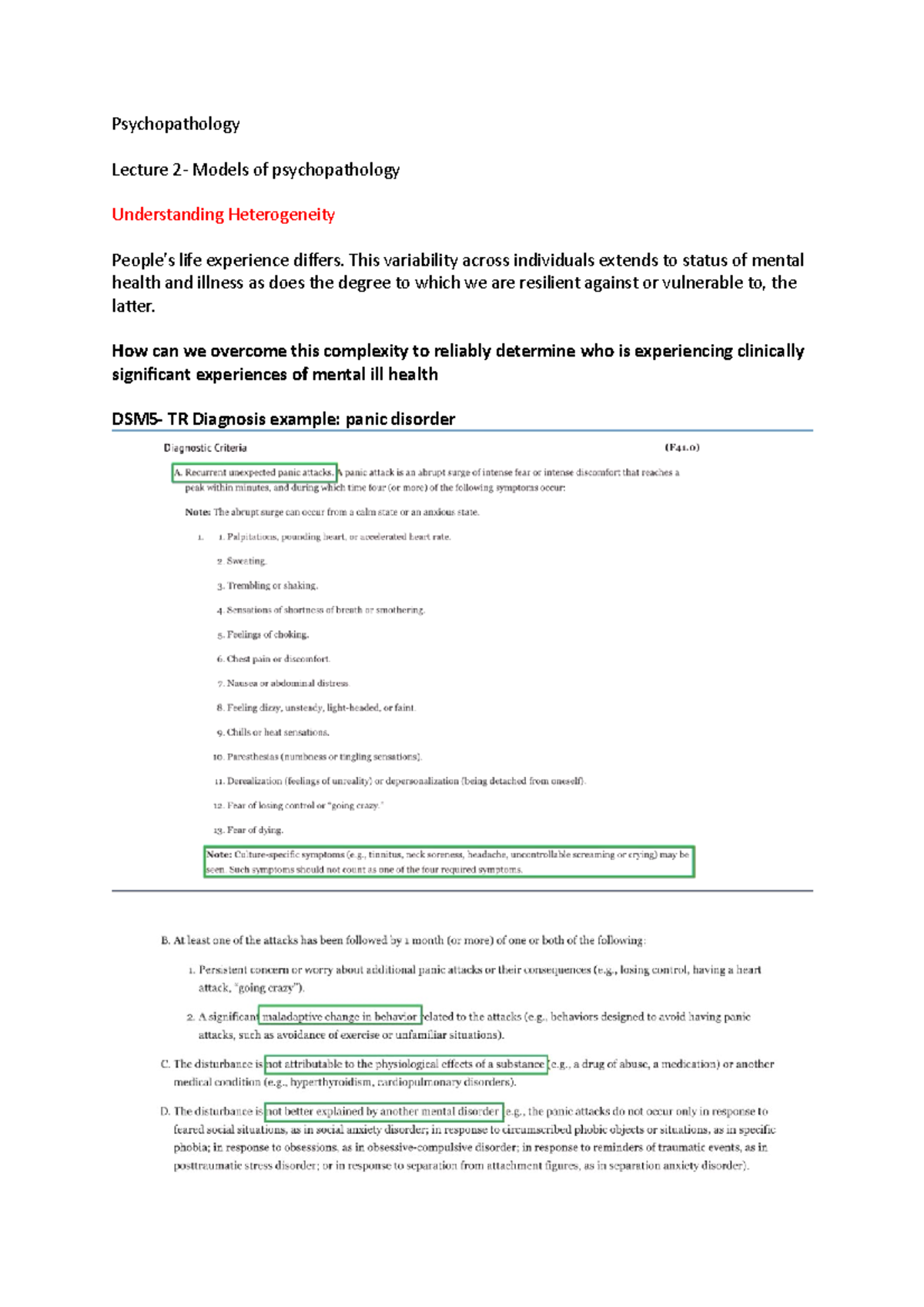 Psychopathology - lecture notes 1-4 - Psychopathology Lecture 2- Models ...