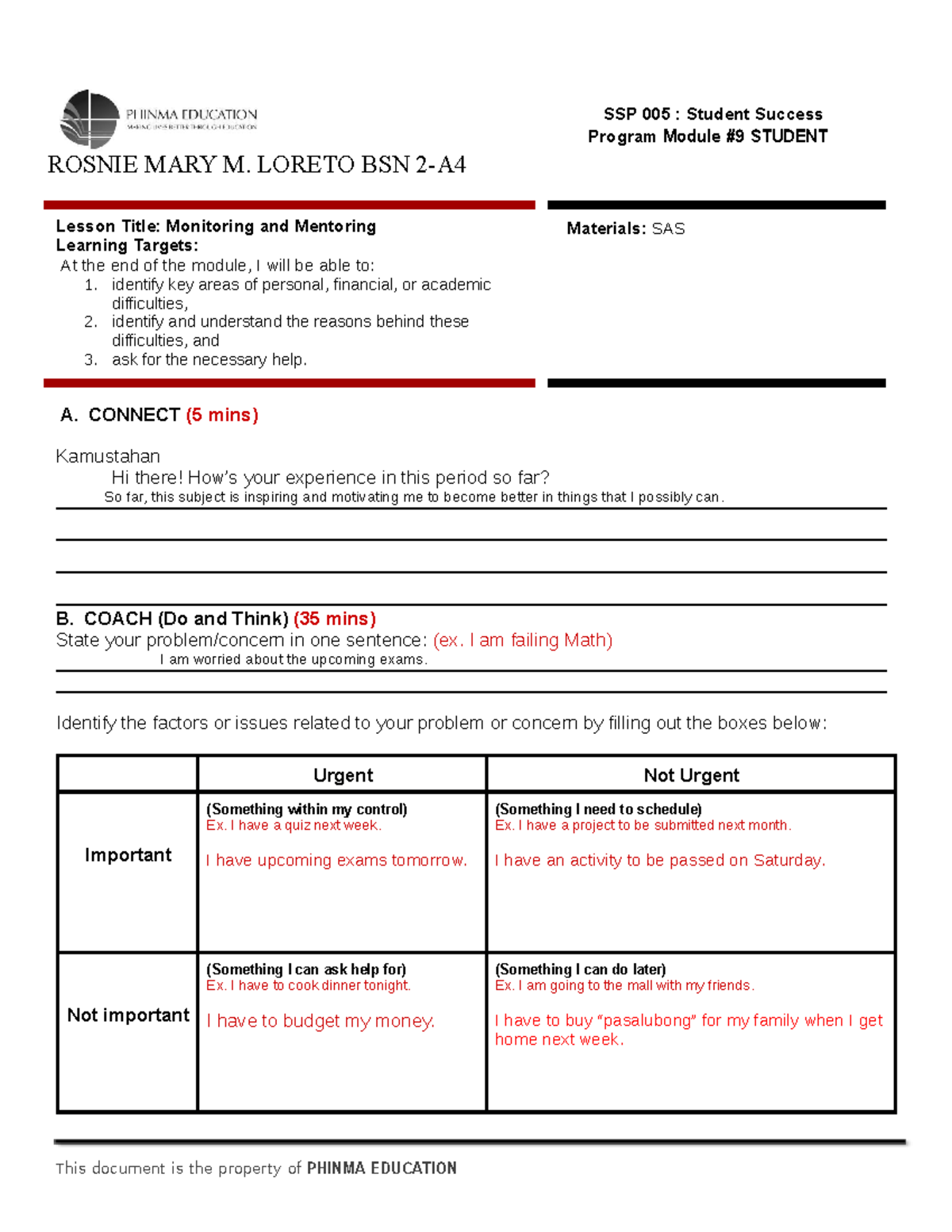 SSP #9 - ssp - ROSNIE MARY M. LORETO BSN 2-A Lesson Title: Monitoring ...