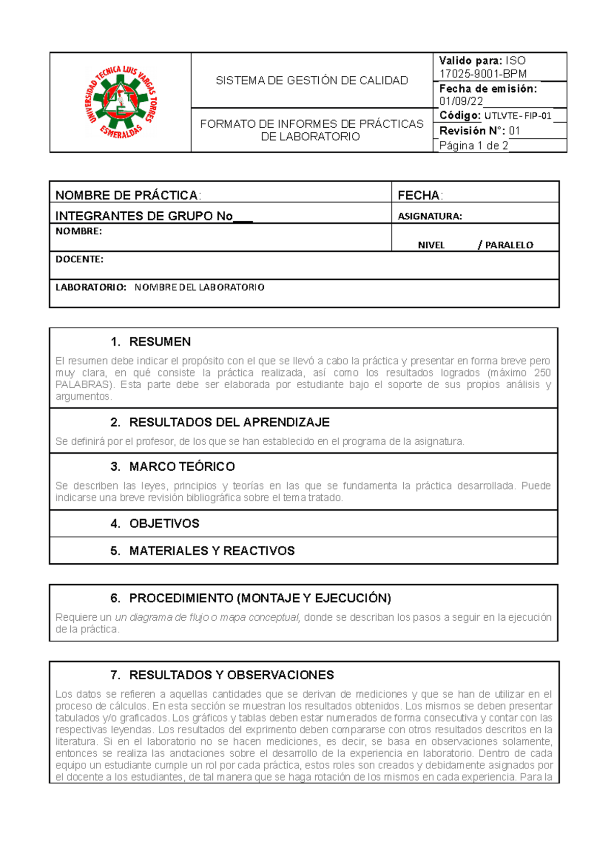 Utlvte- FIP-01 Formato de informes de laboratorio - SISTEMA DE GESTIÓN ...