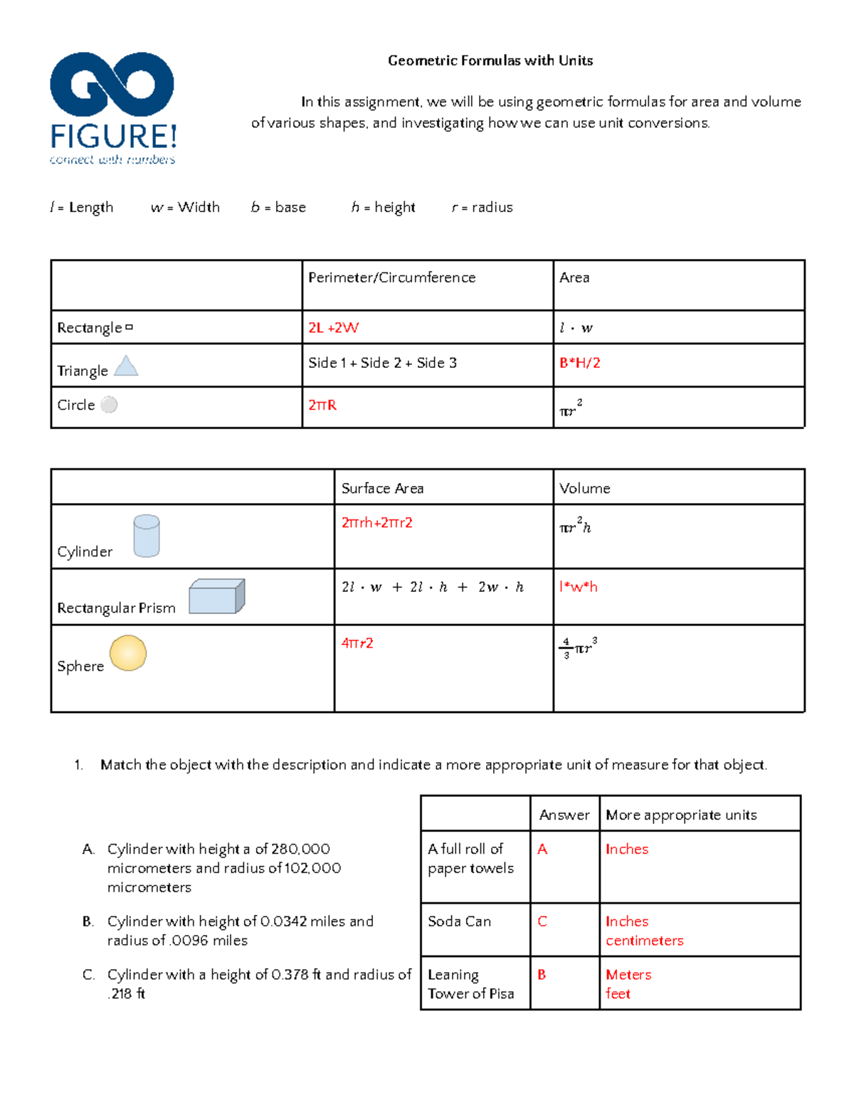 Mat 103 Unit 2.1 Geometric Formulas with Units - Geometric Formulas ...