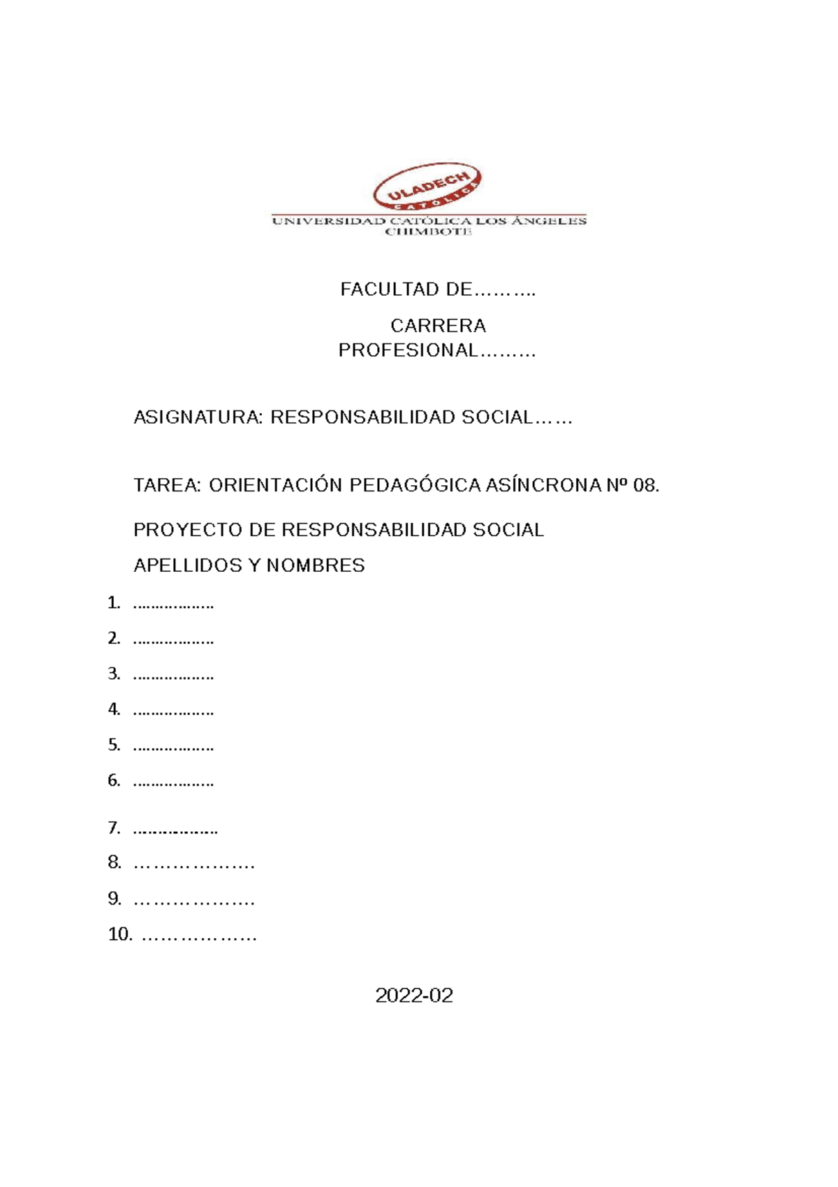 Esquema DE Proyecto DE Responsabilidad Social-2 - FACULTAD DE.......... CARRERA PROFESIONAL ...