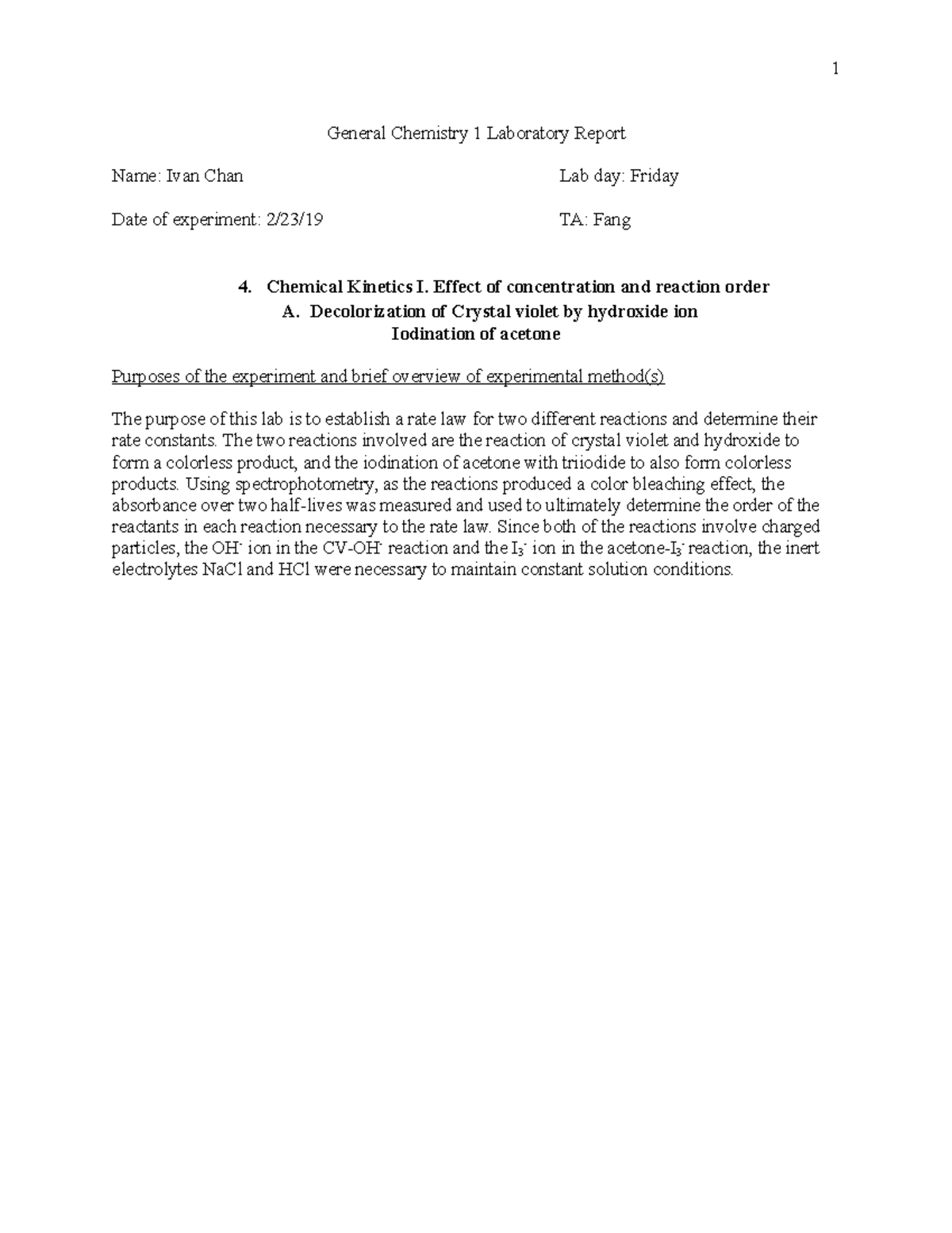 Lab Report Ex 4 Kinetics - General Chemistry 1 Laboratory Report Name ...