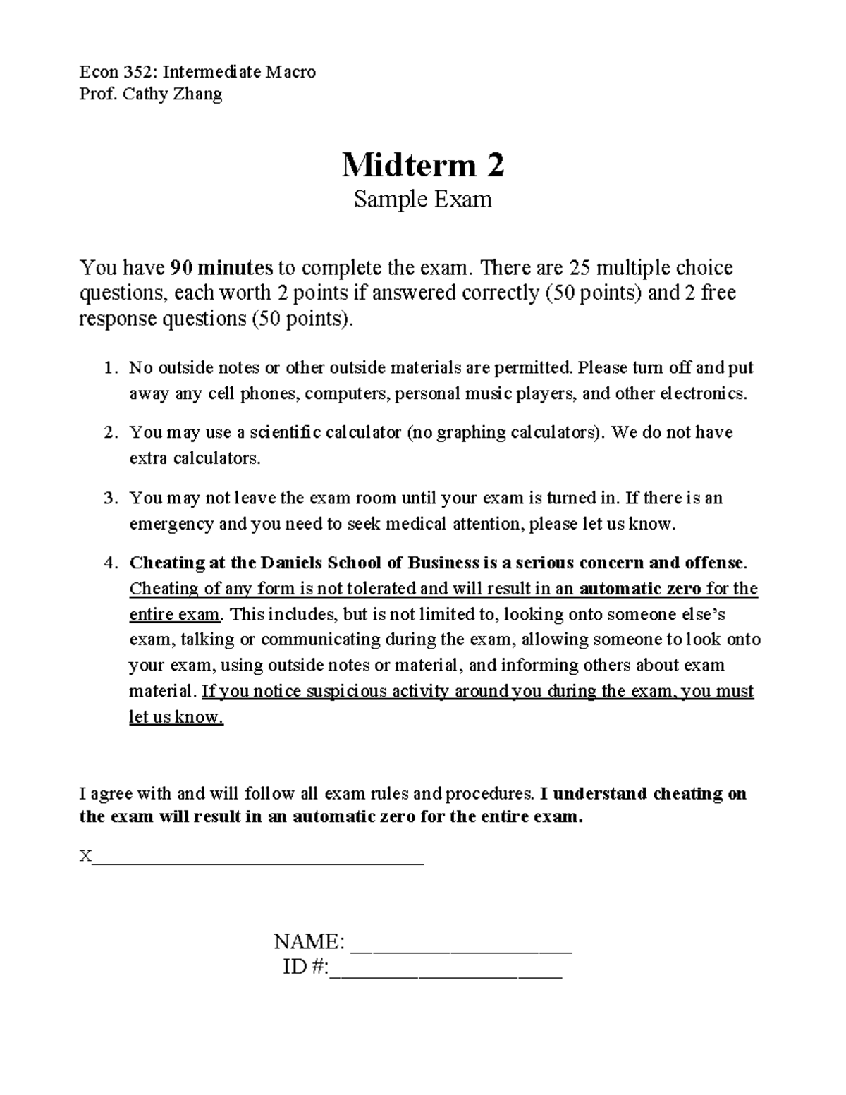 Sample midterm 2 2024 - practice exam for exam 2 - Econ 352 ...