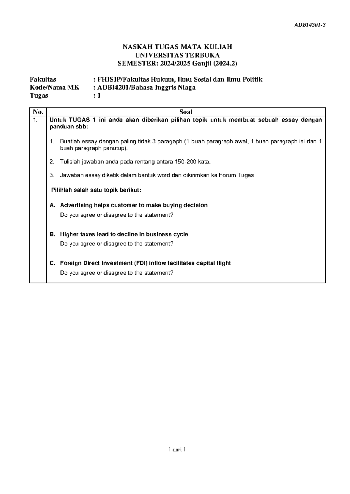 Soal adbi4201 tmk1 3 - Soal tmk 4201 manajemen bisnis - ADBI4201- 3 1 dari 1 NASKAH TUGAS MATA ...