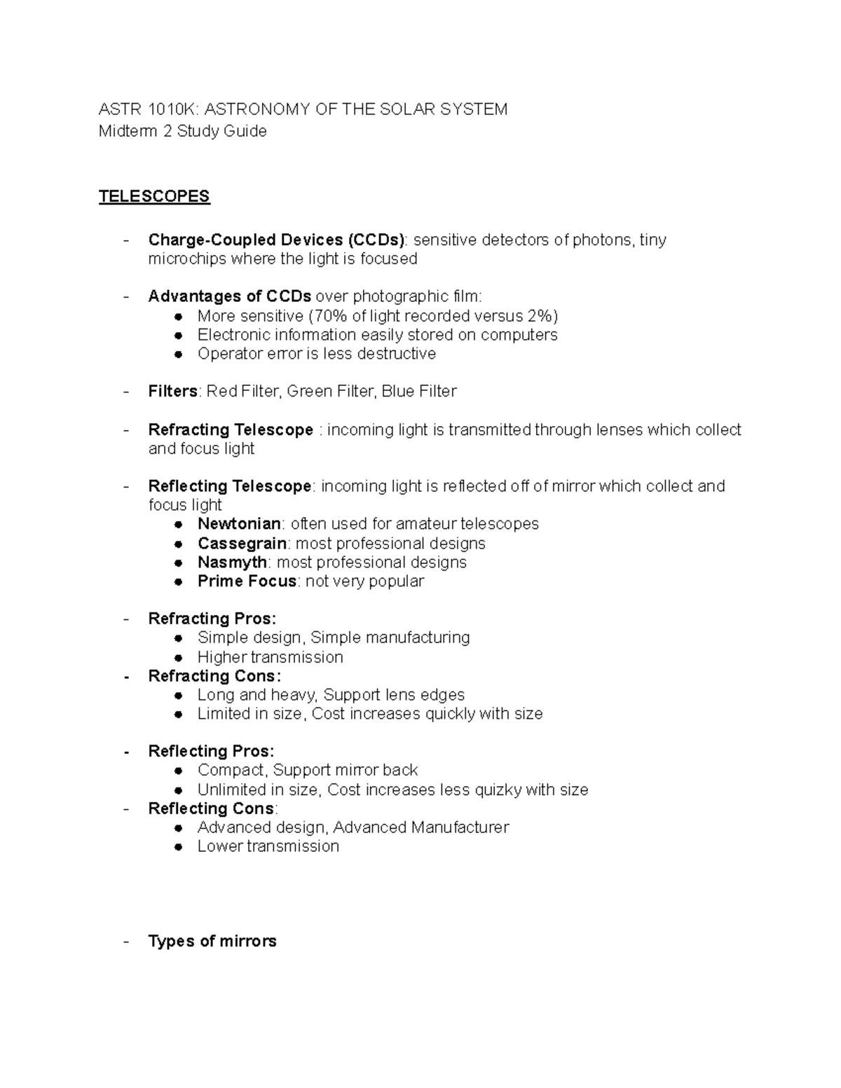 ASTR Midterm 2 Study Guide - ASTR 1010K: ASTRONOMY OF THE SOLAR SYSTEM ...