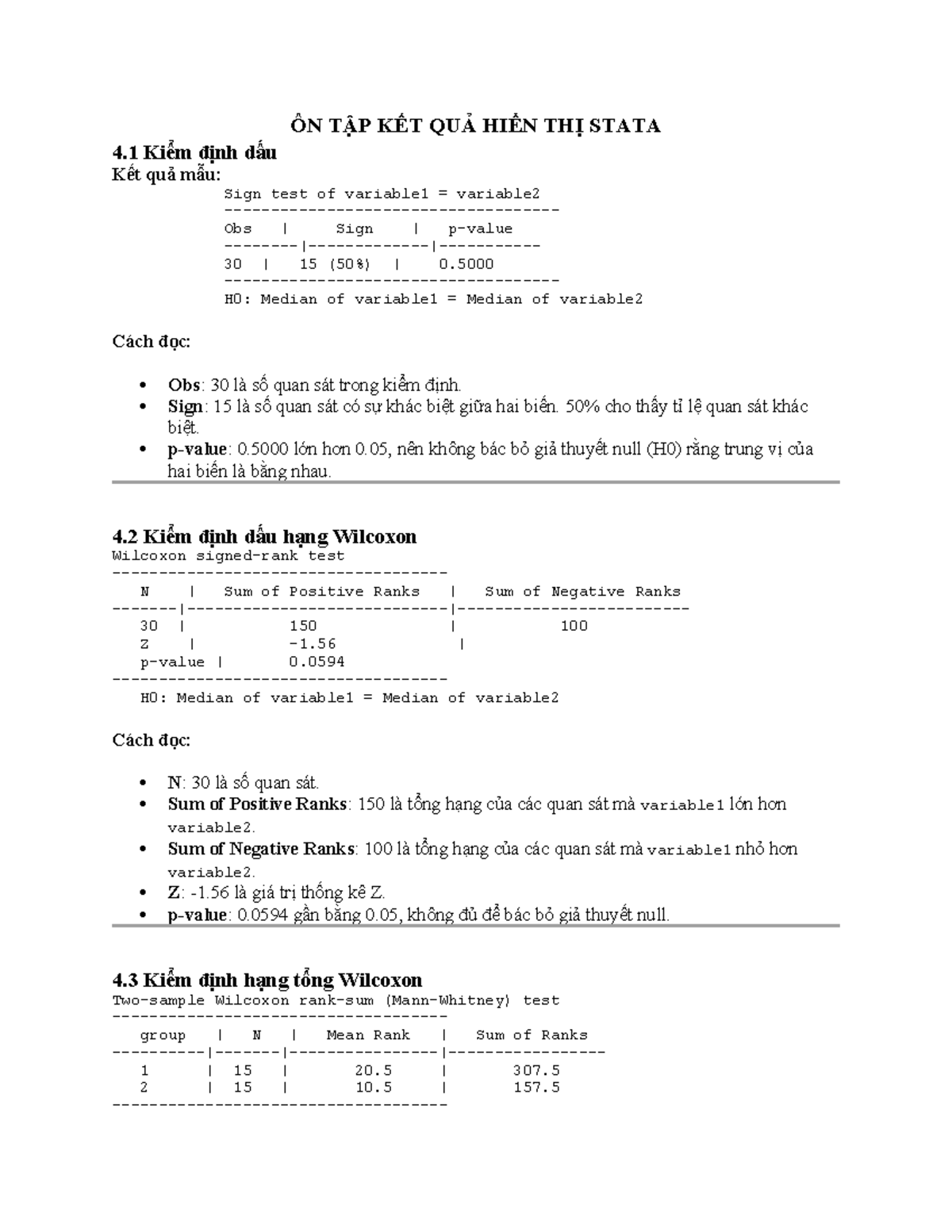 ÔN TẬP KẾT QUẢ HIỂN THỊ Stata - ÔN TẬP KẾT QUẢ HIỂN THỊ STATA 4 Kiểm định dấu Kết quả mẫu: Sign ...