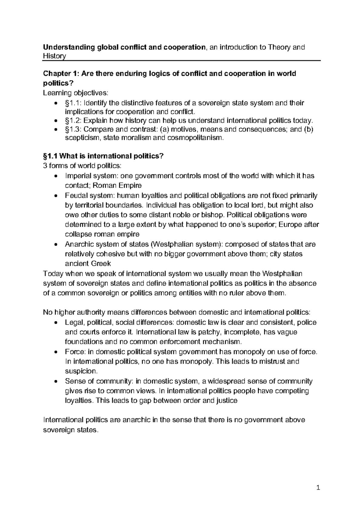 Summary Nye and welch - Sammendrag Understanding Global Conflict and ...