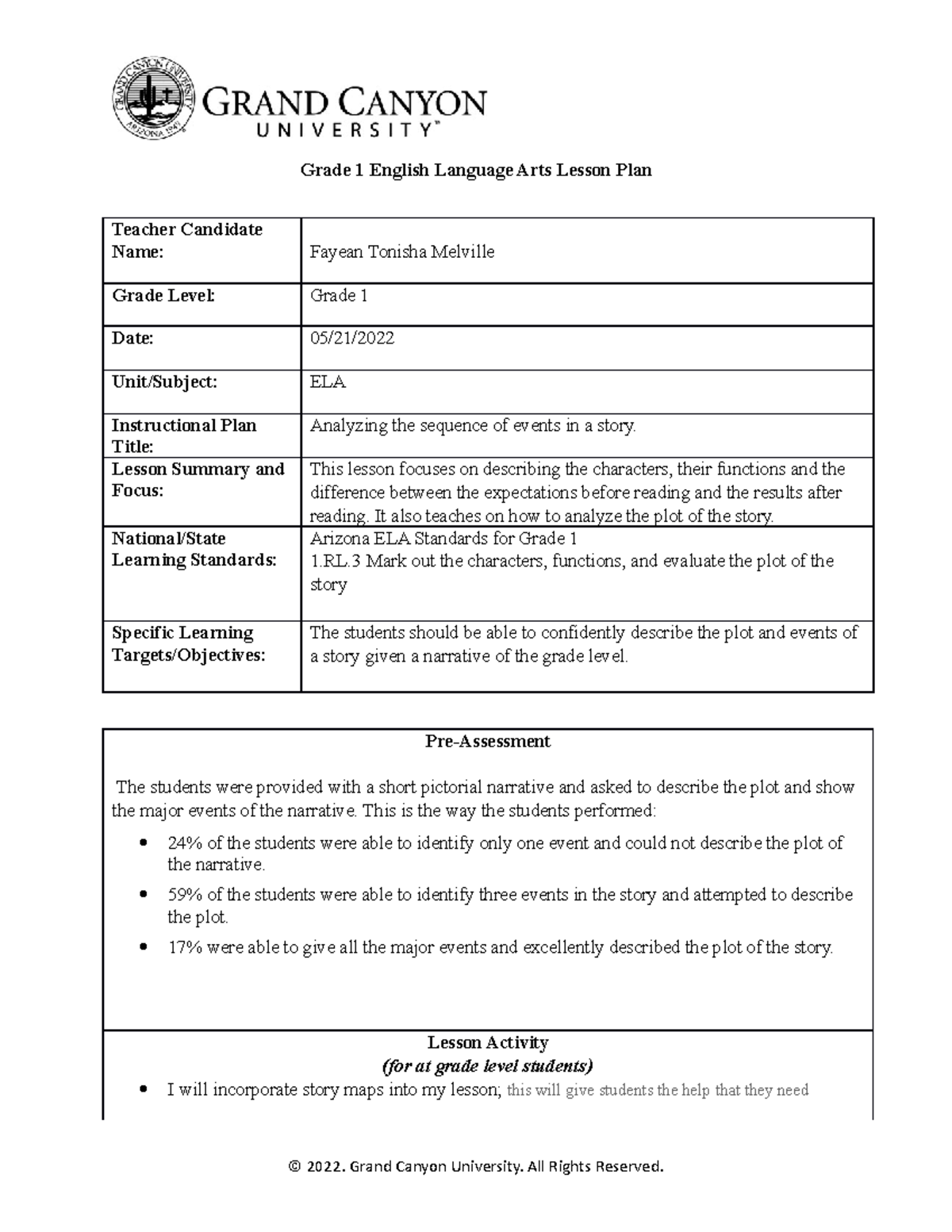 ELA Lesson PLAN - Grade 1 English Language Arts Lesson Plan Teacher ...