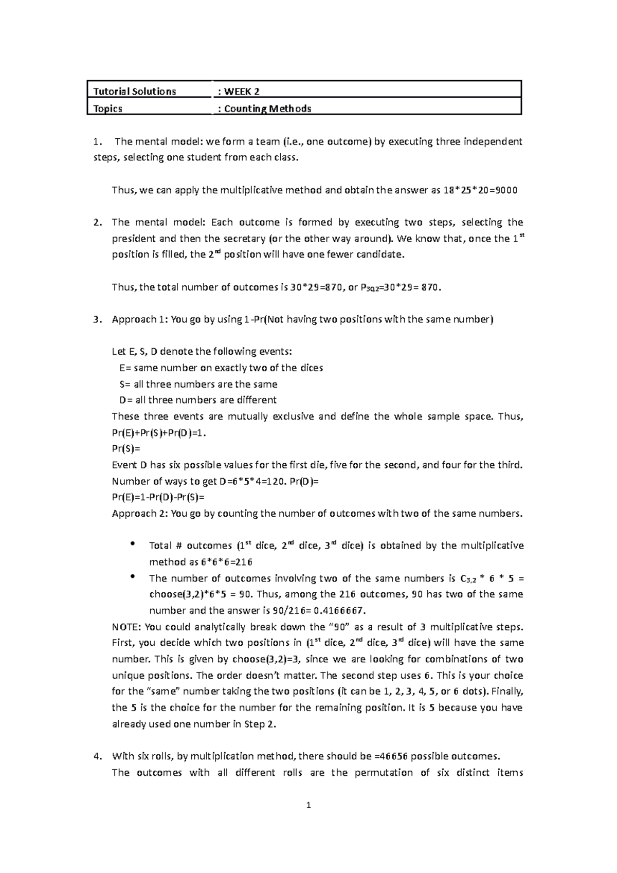 Solutions week 2 - Tutorial Solutions : WEEK 2 Topics : Counting Methods The mental model: we ...