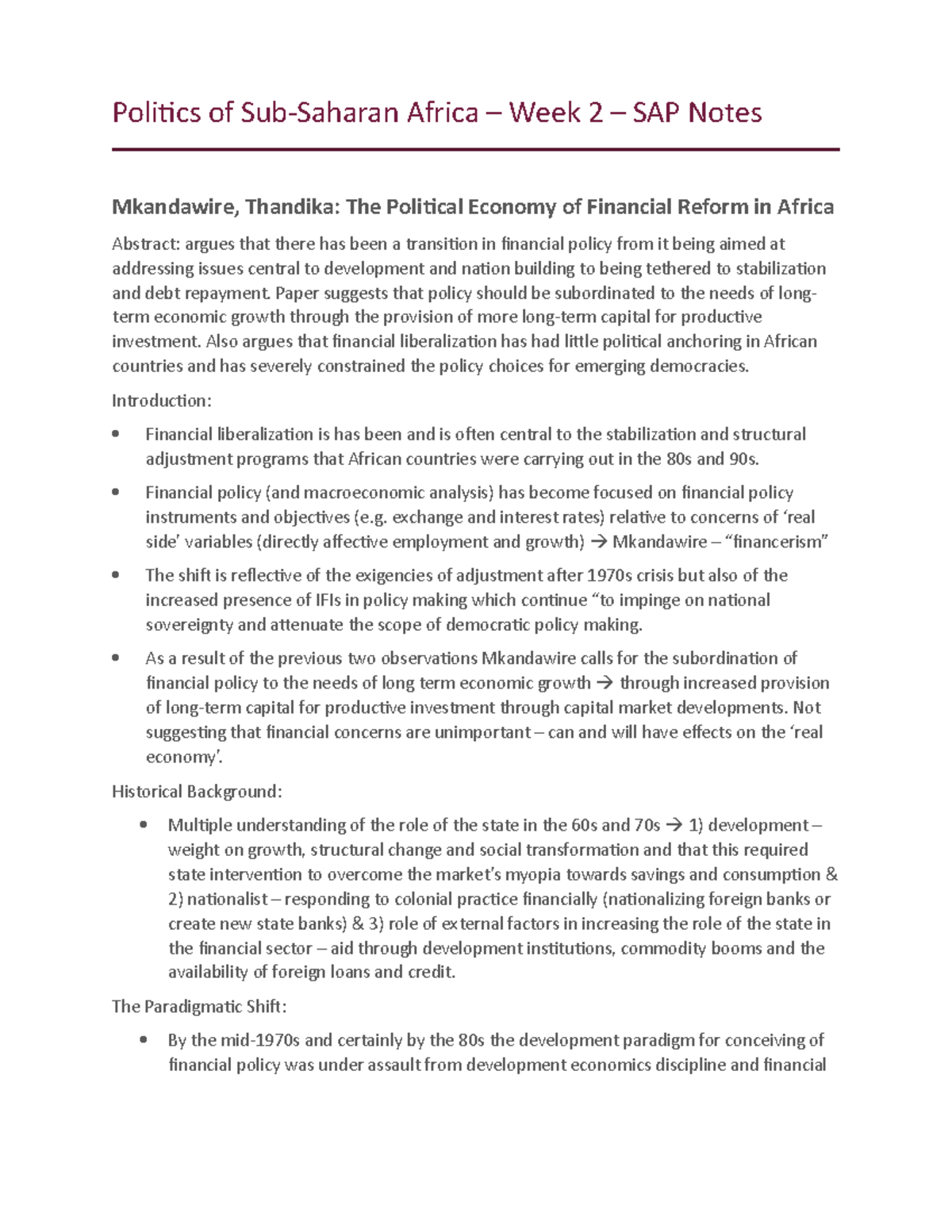 African post-independence economics Notes - Politics of Sub-Saharan ...