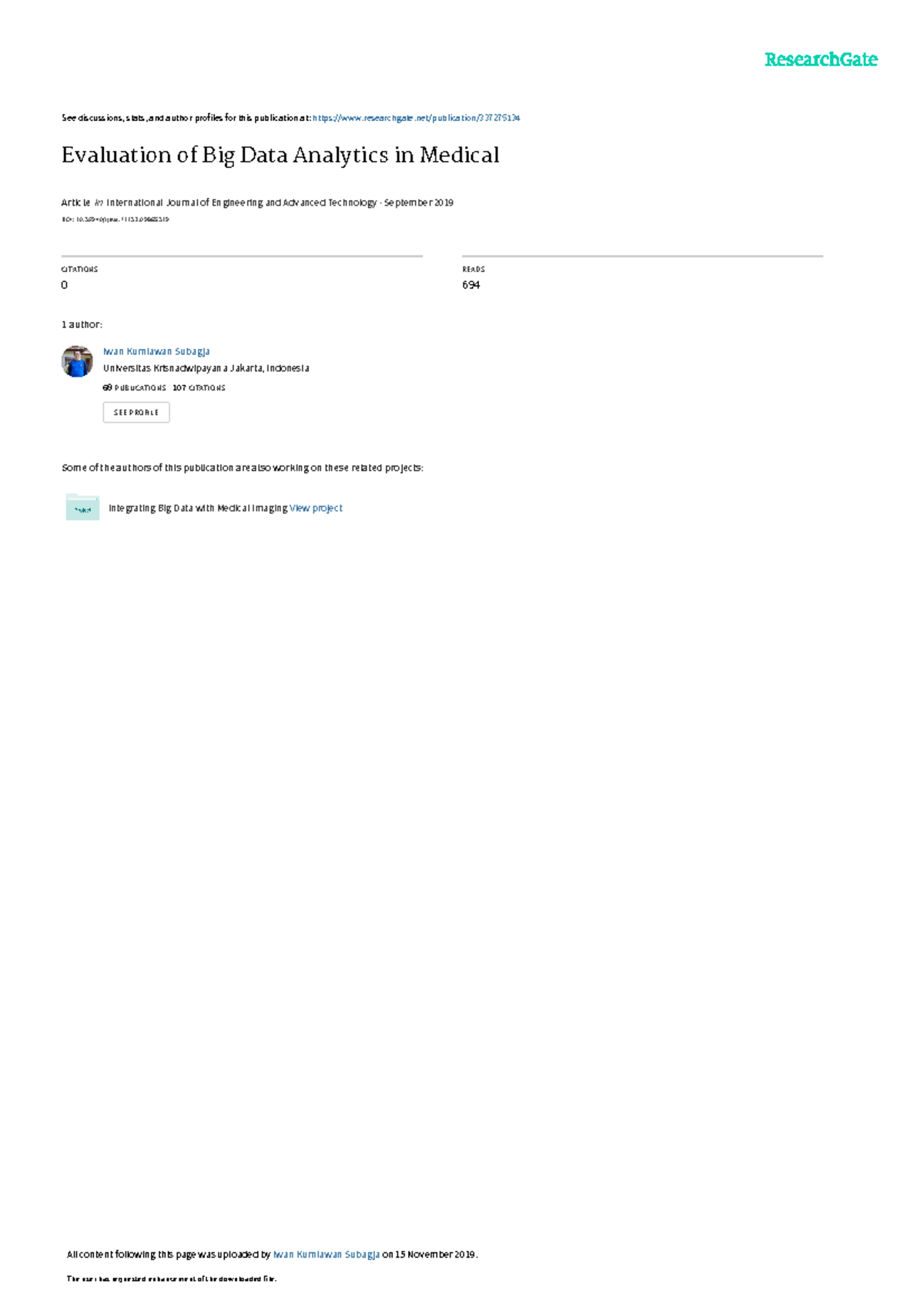 Evaluationof Big Data Analyticsin Medical - ####### See discussions, stats, and author profiles ...