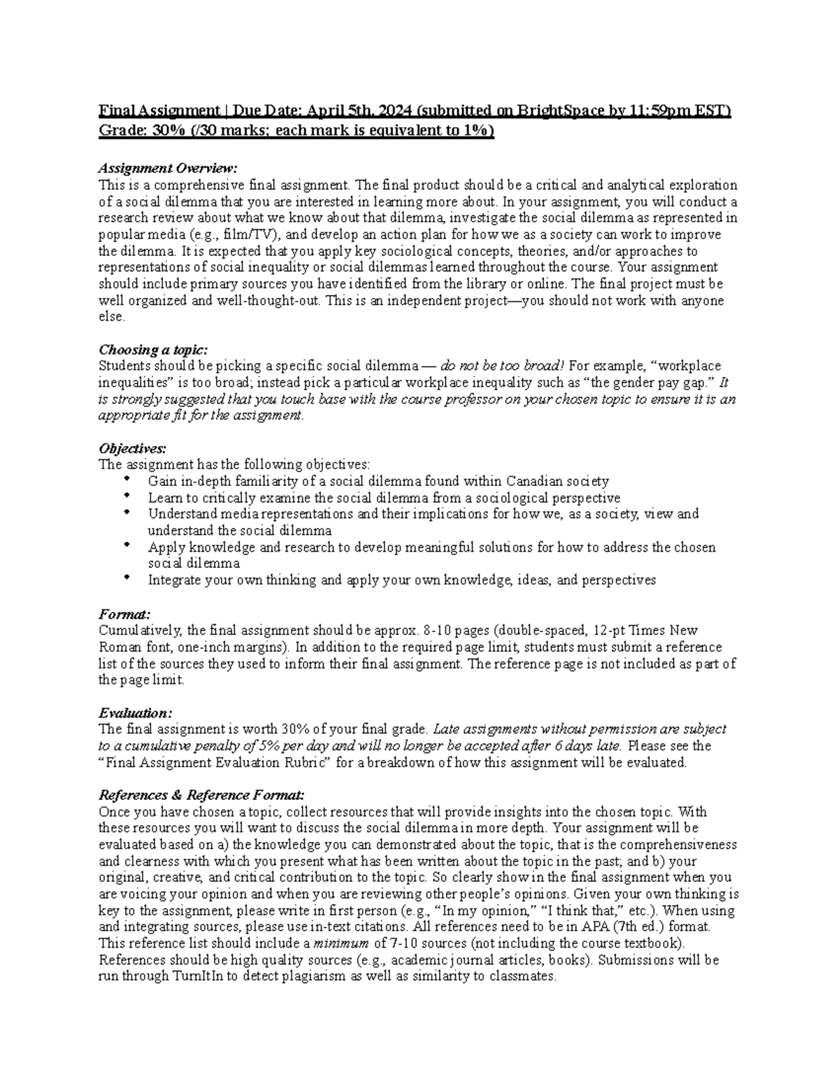 Final Assignment Breakdown - Final Assignment | Due Date: April 5th ...