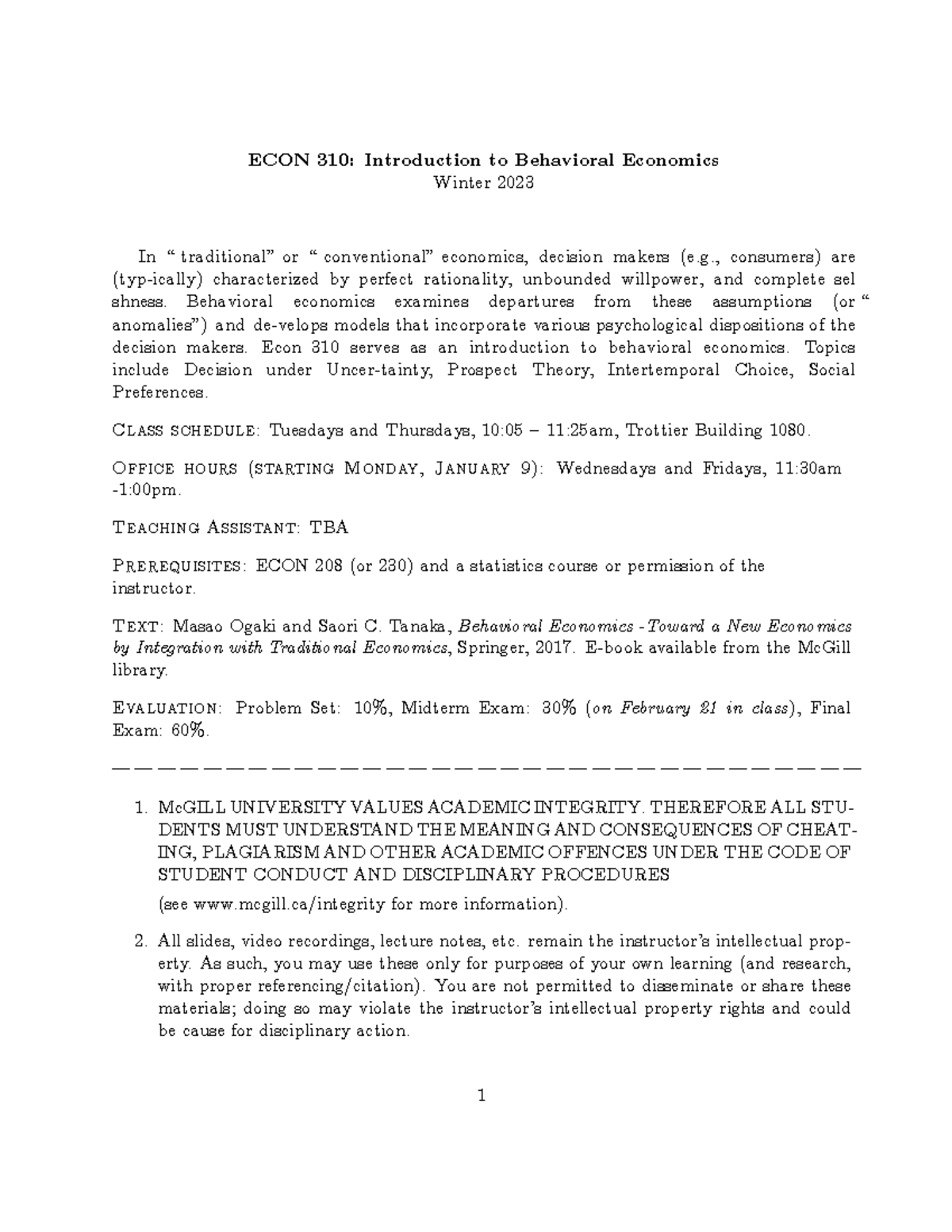 Econ 310 - Syllabus - ECON 310: Introduction to Behavioral Economics Winter 2023 In ì ...