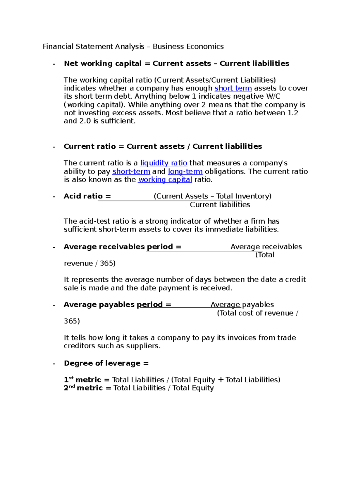 Formulas Financial Statement Analysis Business Economics - Financial ...