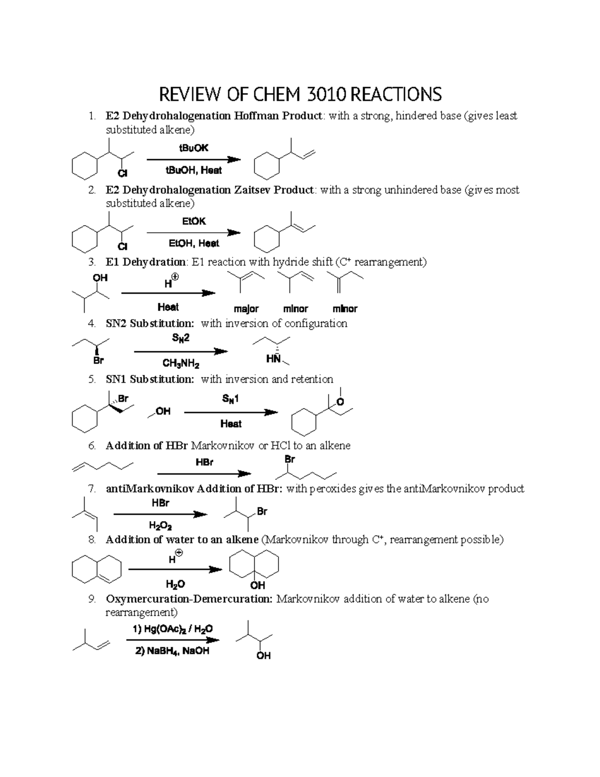 Reaction review CHEM3010 - REVIEW OF CHEM 3010 REACTIONS E2 ...