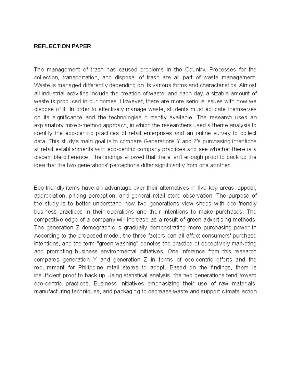 Reflection Paper - Lkk - REFLECTION PAPER The management of trash has ...