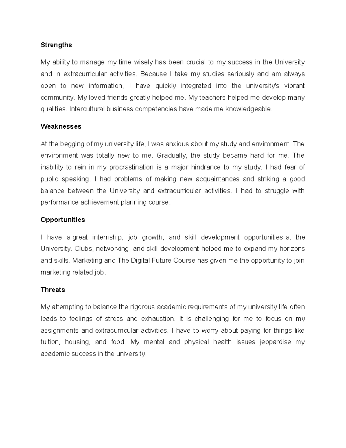 Self reflection 200 - Assignment - Strengths My ability to manage my ...