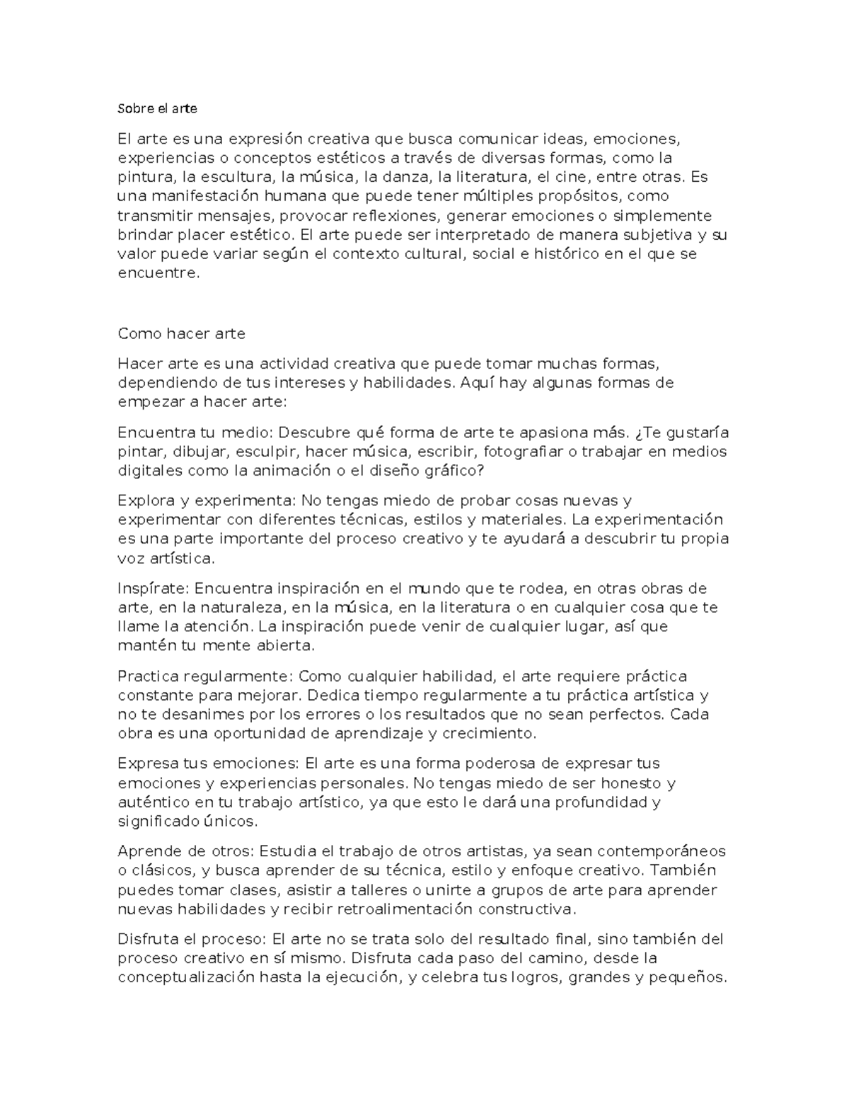 Sobre el arte - Sobre el arte El arte es una expresión creativa que ...