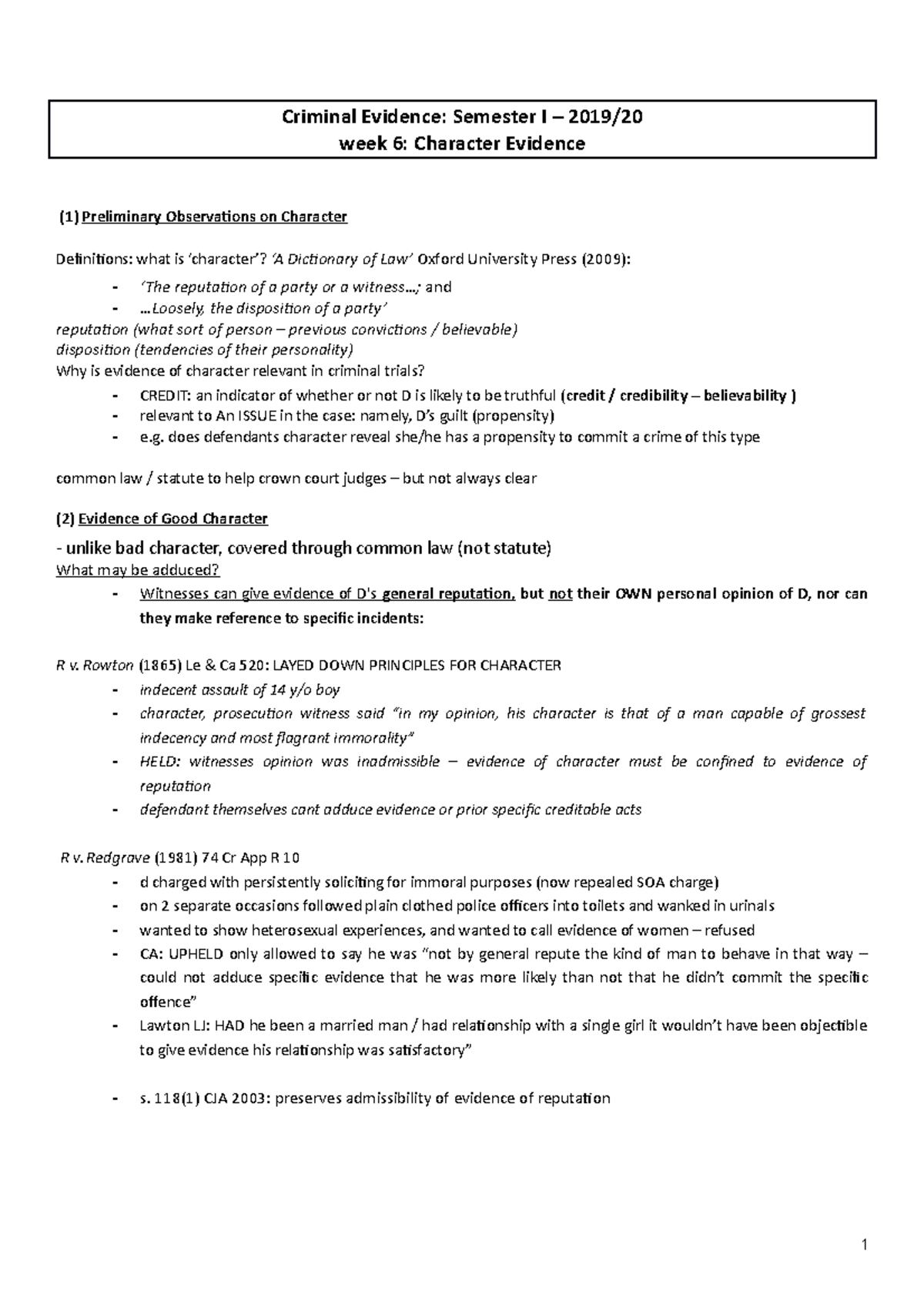 Week 6 evidence of character - Criminal Evidence: Semester I – 2019 ...
