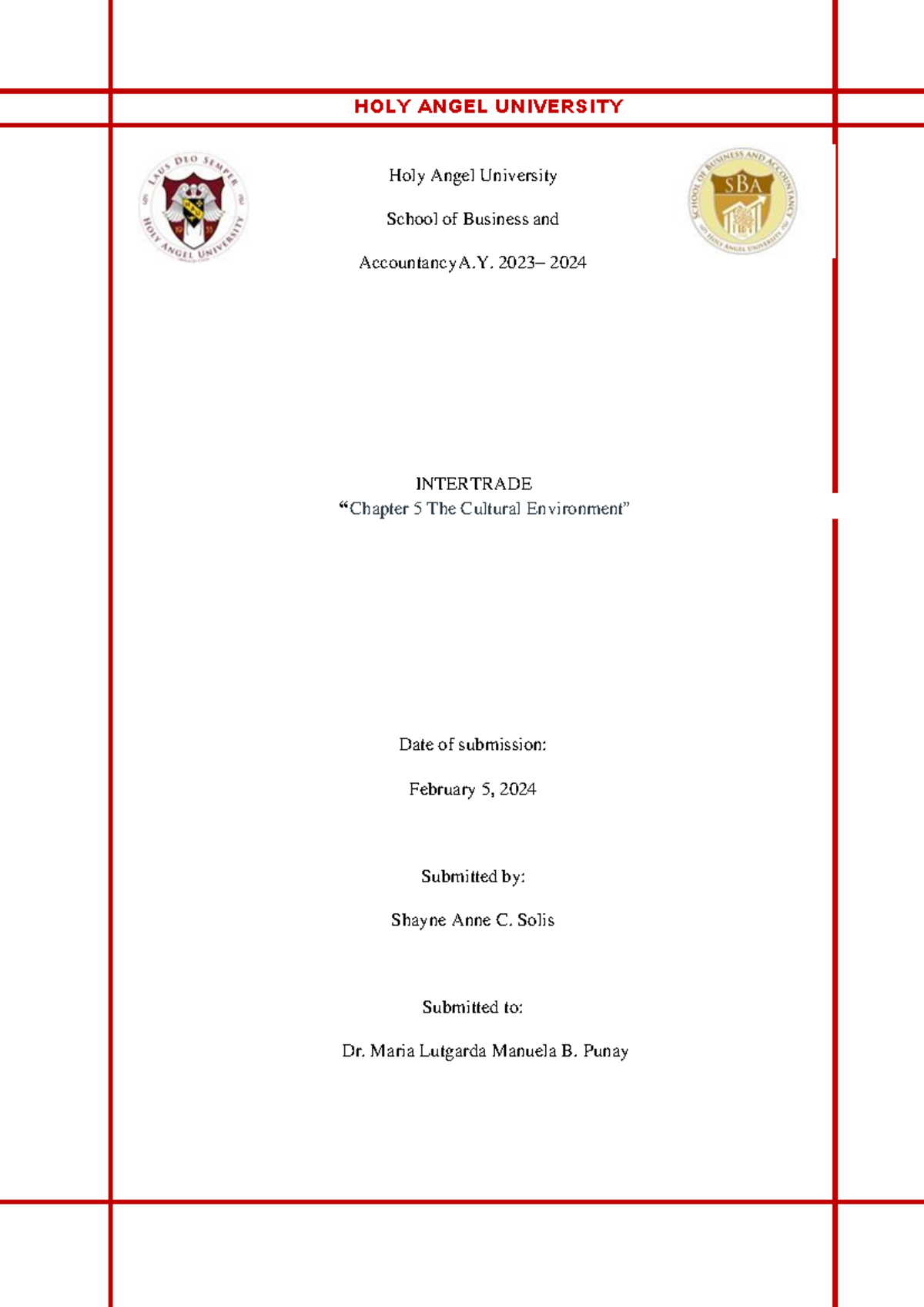 Chapter 5 The Cultural Environment - Solis, Shayne Anne C - B222 - HOLY ...