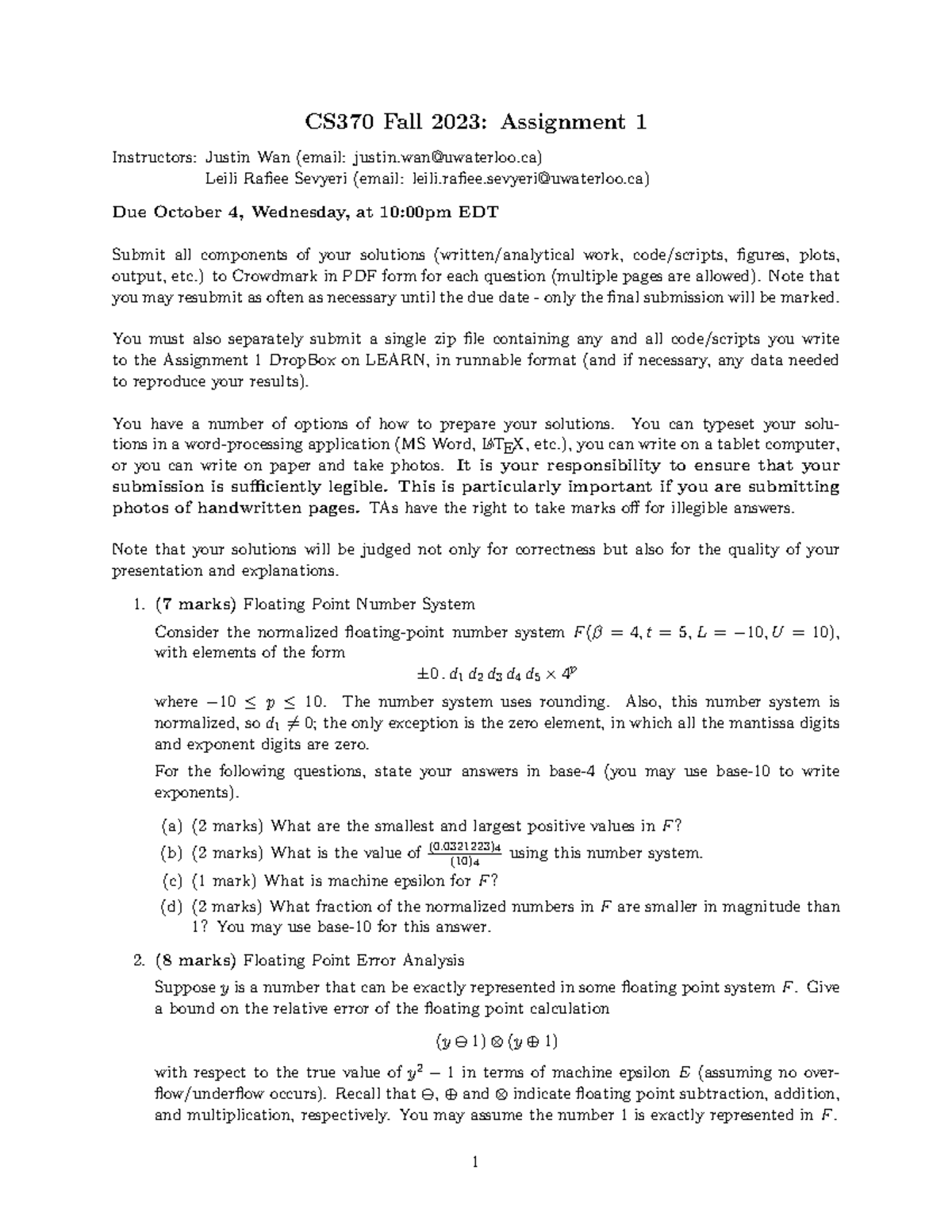 Assignment One - 2023 - CS370 Fall 2023: Assignment 1 Instructors: Justin Wan (email: - Studocu