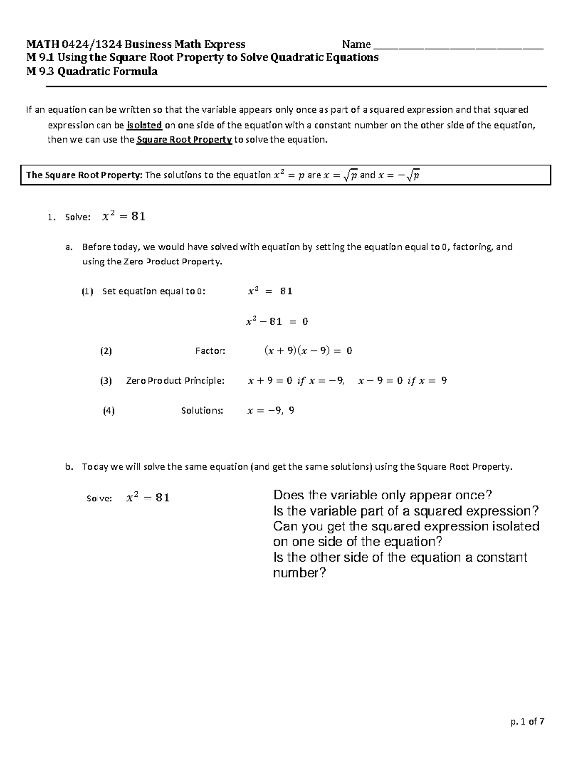 Notes M 9.1 9.3 Square Root Property Quadratic Formula - MATH 0424/1324 ...