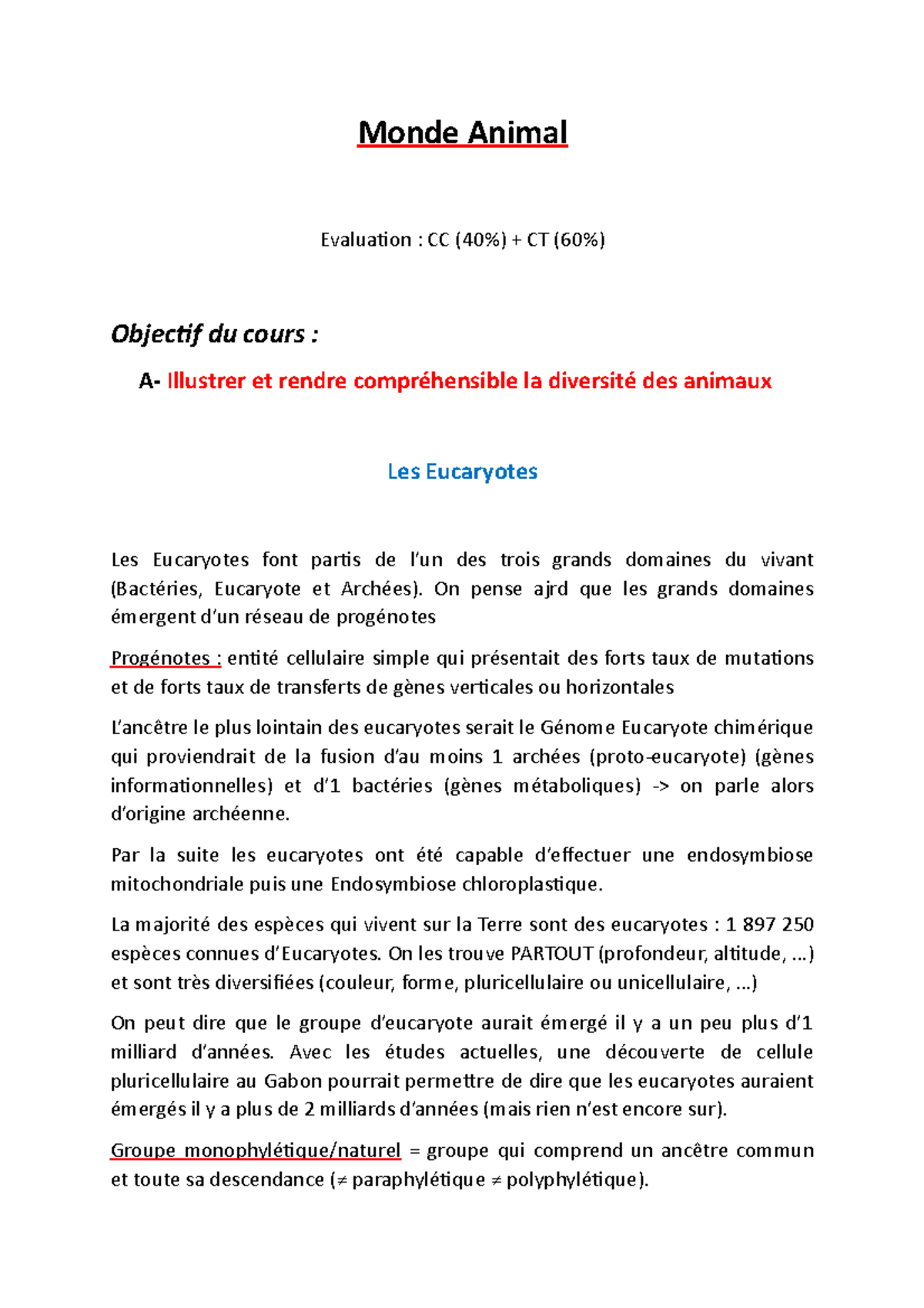 (1) CM Eucaryote Monde Animal - Monde Animal Evaluation : CC (40%) + CT ...