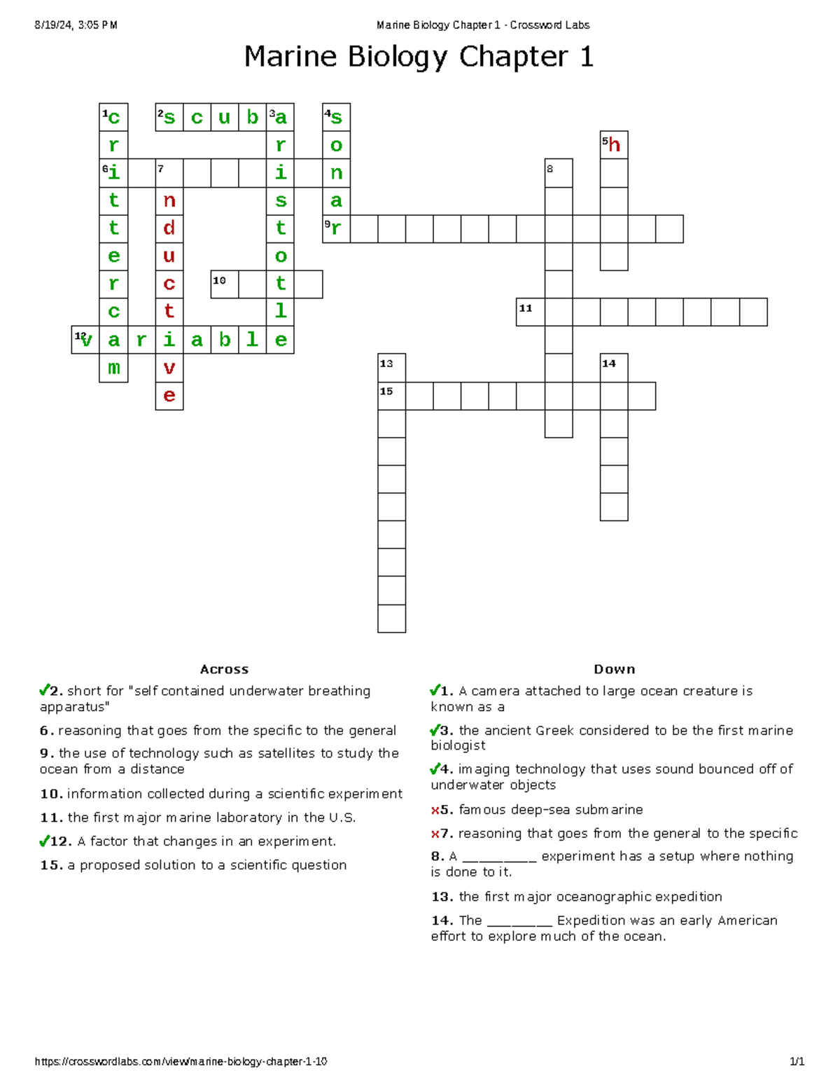 Marine Biology Chapter 1 - Crossword Labs - Marine Biology Chapter 1 ...