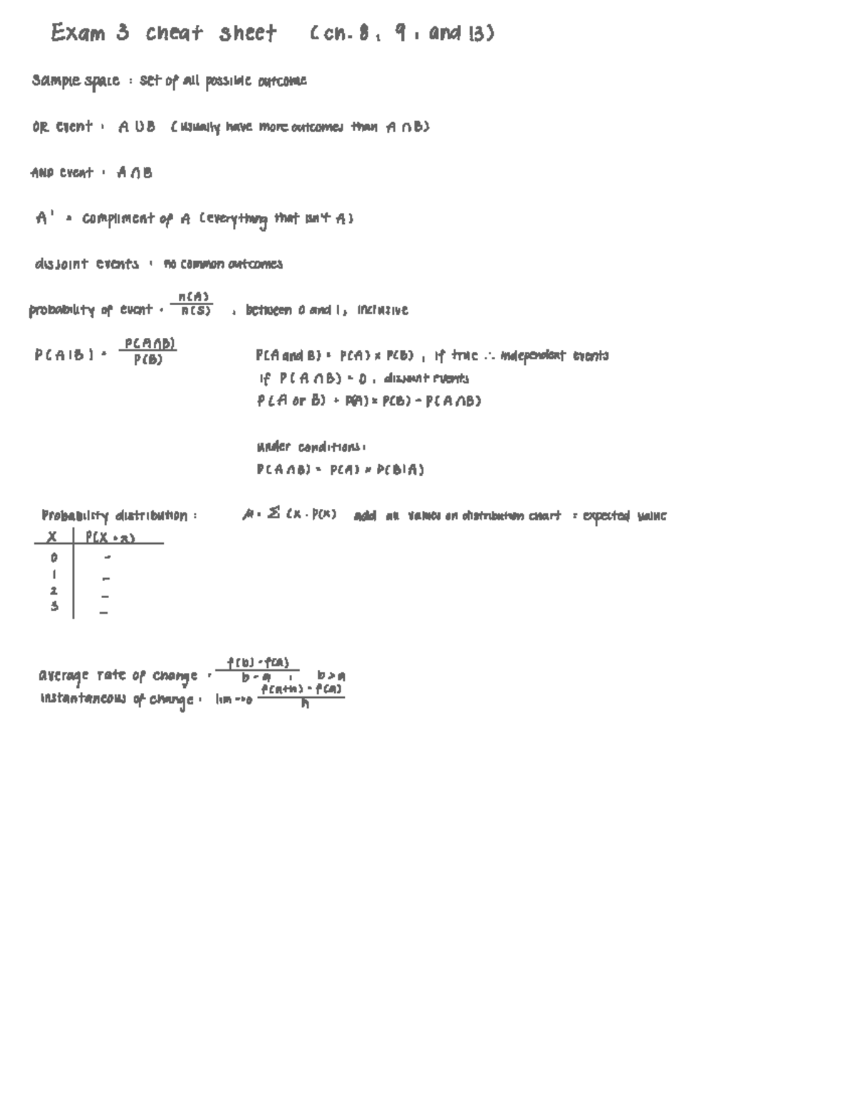 Exam 3 Cheat Sheet Guide Exam 3 Cheat Sheet Ch 8 9 And 13 Sample Space Set Of All 9329