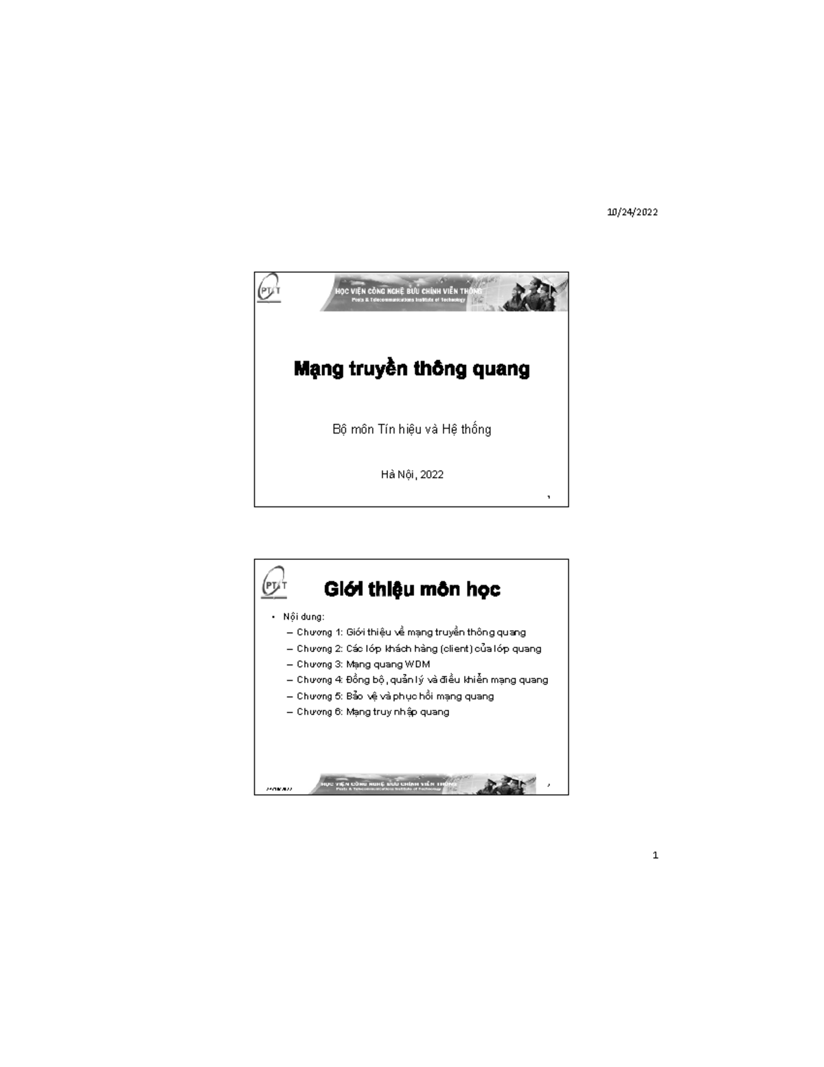 Slide C6-Mạng truyền thông quang 2022 THHT - Bộ môn Tín hiệu và Hệ thống Hà Nội, 2022 1 24/10 ...