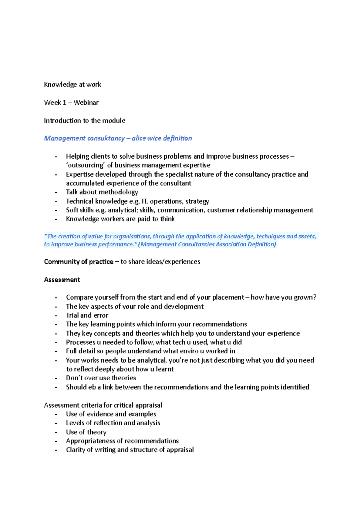 Week 2 - Lecture notes 1 - Knowledge at work Week 1 – Webinar ...
