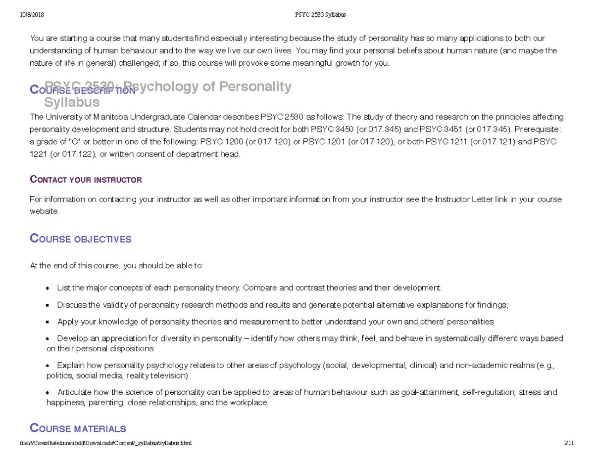 PSYC 2530 Syllabus - 10/8/2018 PSYC 2530 Syllabus You are starting a course that many students ...