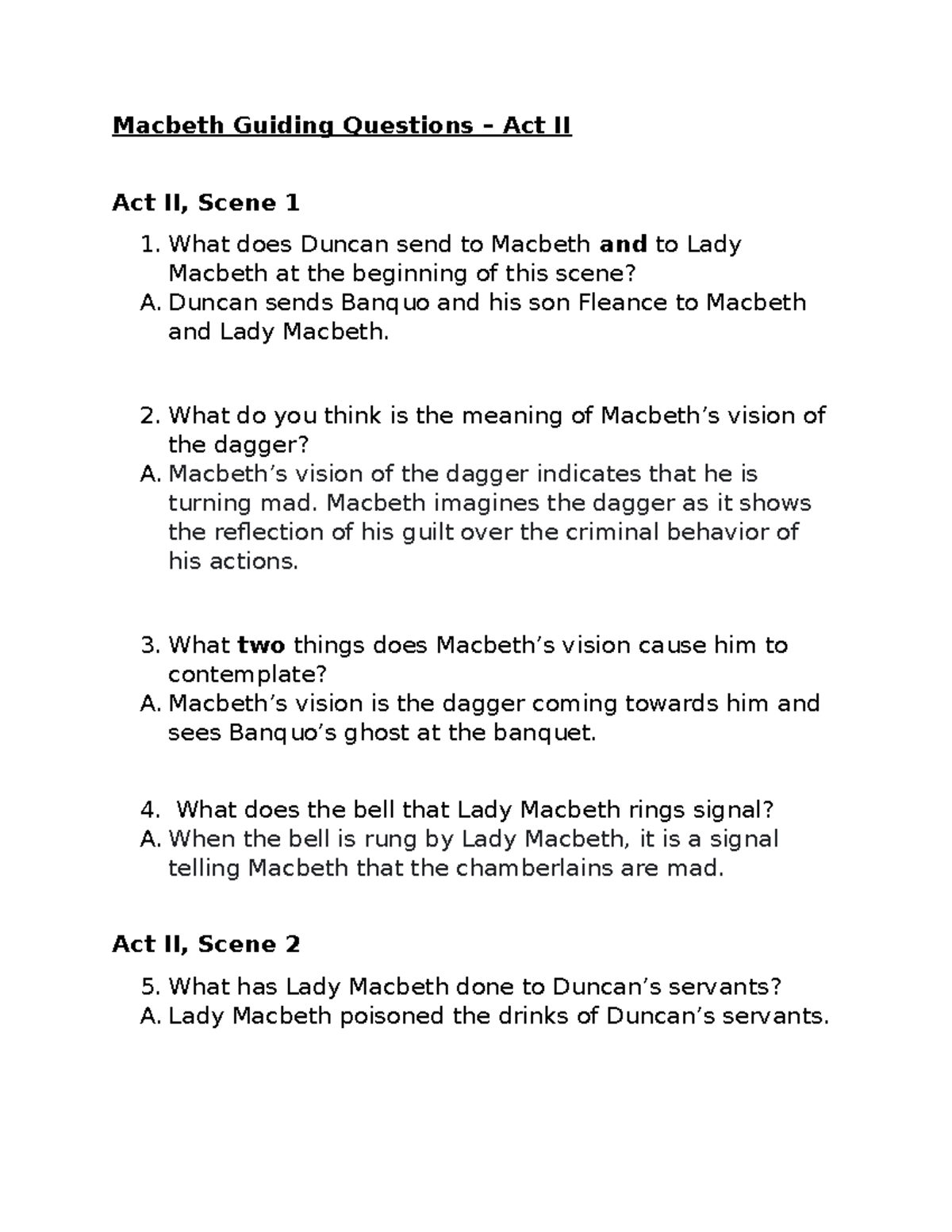 Macbeth Act Two Guiding Questions - Macbeth Guiding Questions – Act II ...