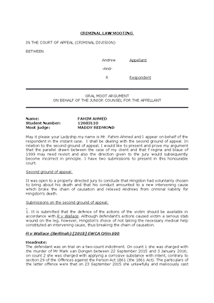 Skeleton and Bundle - Moot - CRIMINAL LAW MOOTING - MOOT PROFORMA IN ...