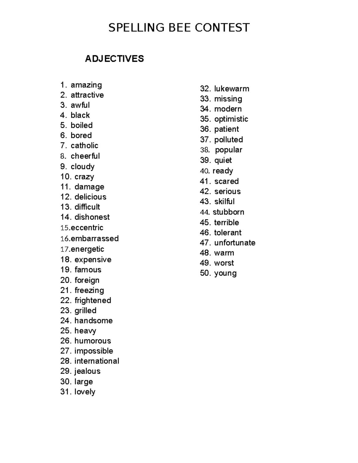 Spelling Bee Word List (150 words) - SPELLING BEE CONTEST ADJECTIVES ...