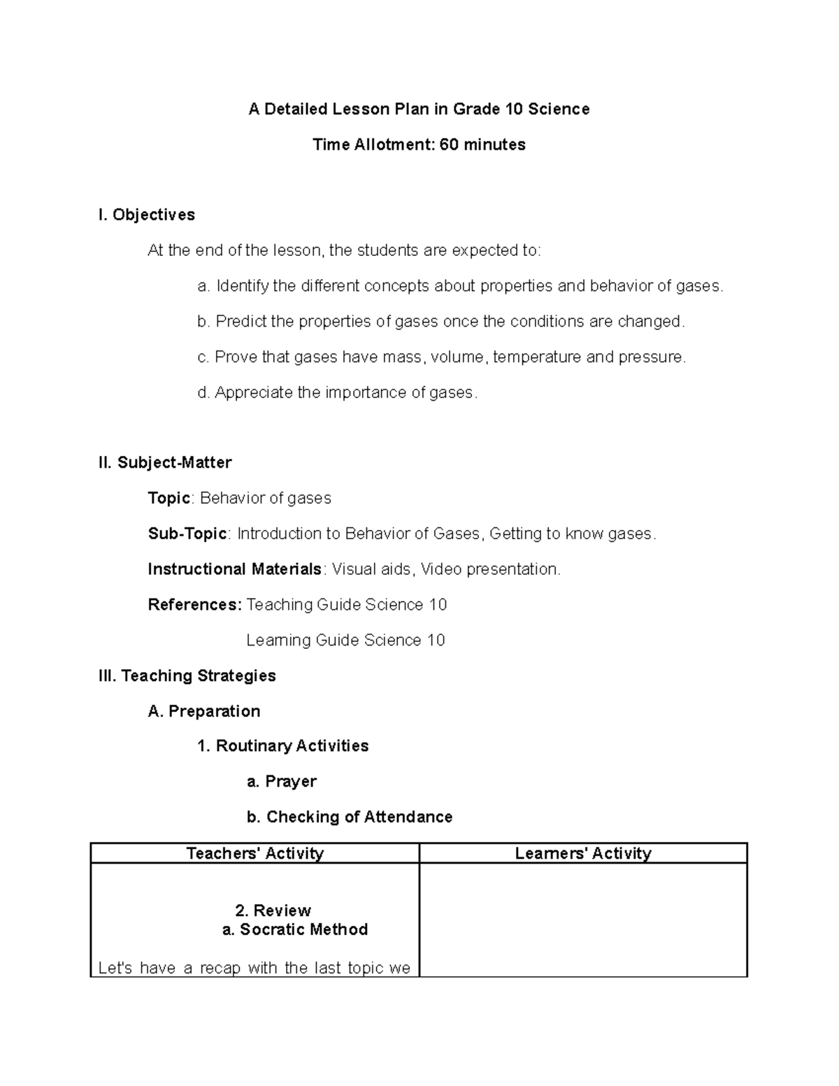 Grade 10 Science Lesson Plan - Gases - A Detailed Lesson Plan in Grade ...