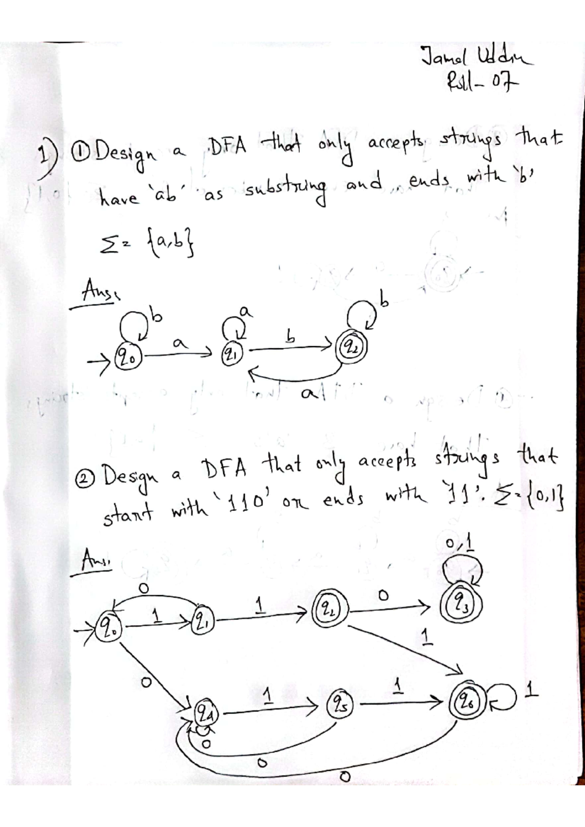 Automata DFA Practice Materials - Jamel Uddin 07 1) I Design a DFA that ...