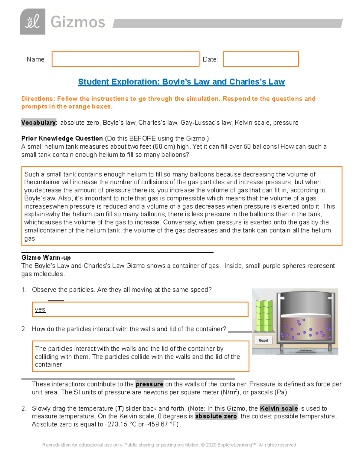 Gizmos Boyles Lab and stoichiometry - Name: Date: Student Exploration ...