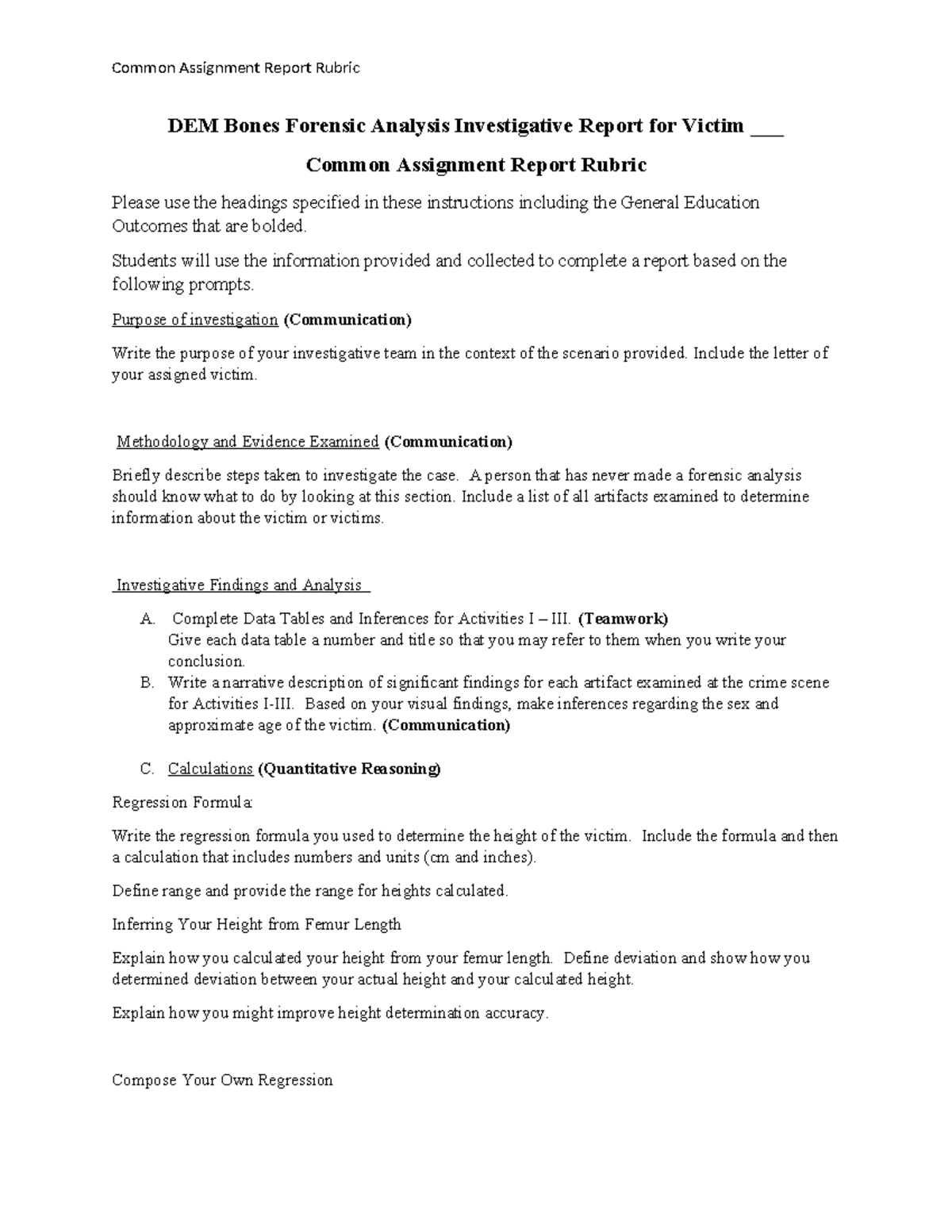 Signature Assignment Rubric - DEM Bones Forensic Analysis(1) - Common ...