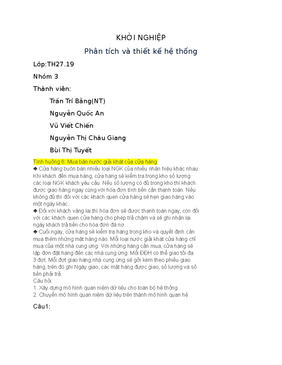 Doc1 - KHỞI NGHIỆP Phân tích và thiết kế hệ thống Lớp:TH27. Nhóm 3 ...