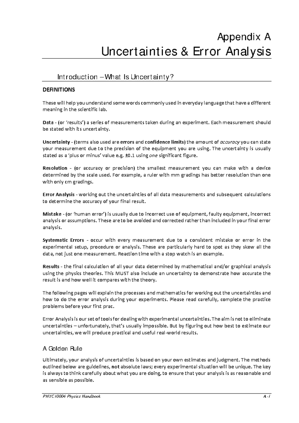 PST 4 0 appendix 2020 - stats - PHYC10004 Physics Handbook A- Appendix A Uncertainties & Error ...