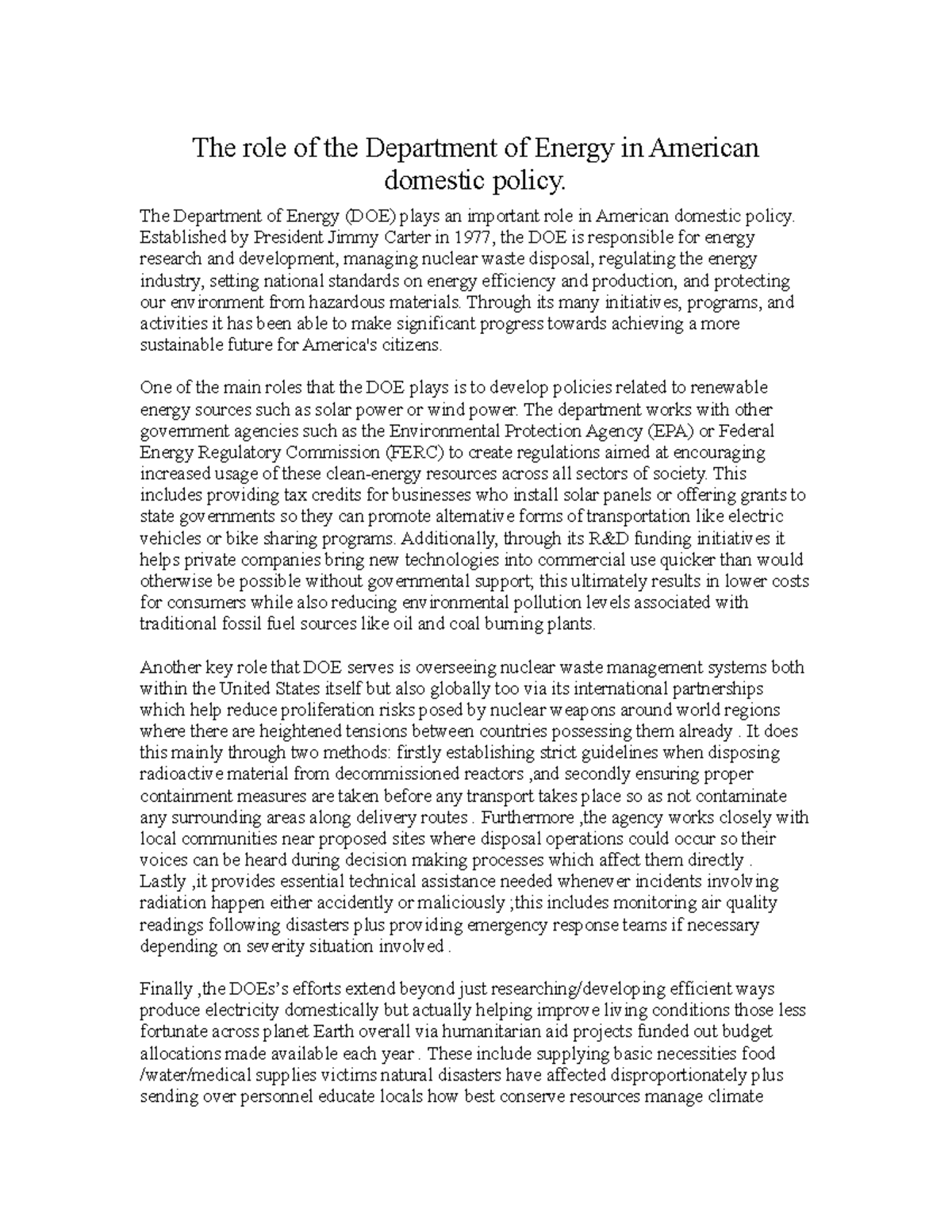 The role of the department - The Department of Energy (DOE) plays an ...